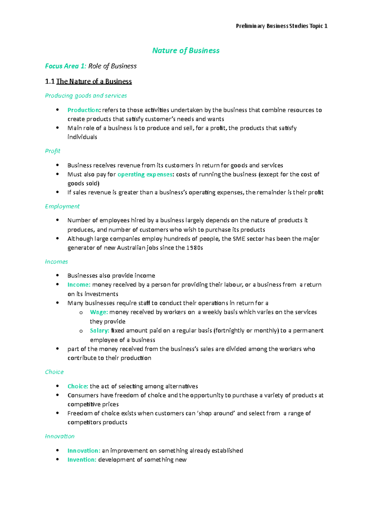 Topic 1 Nature of Business notes - Nature of Business Focus Area 1 ...