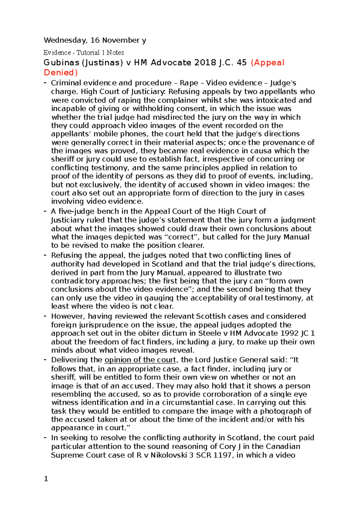 Tutorial 1 Notes - Wednesday, 16 November y Evidence - Tutorial 1 Notes ...