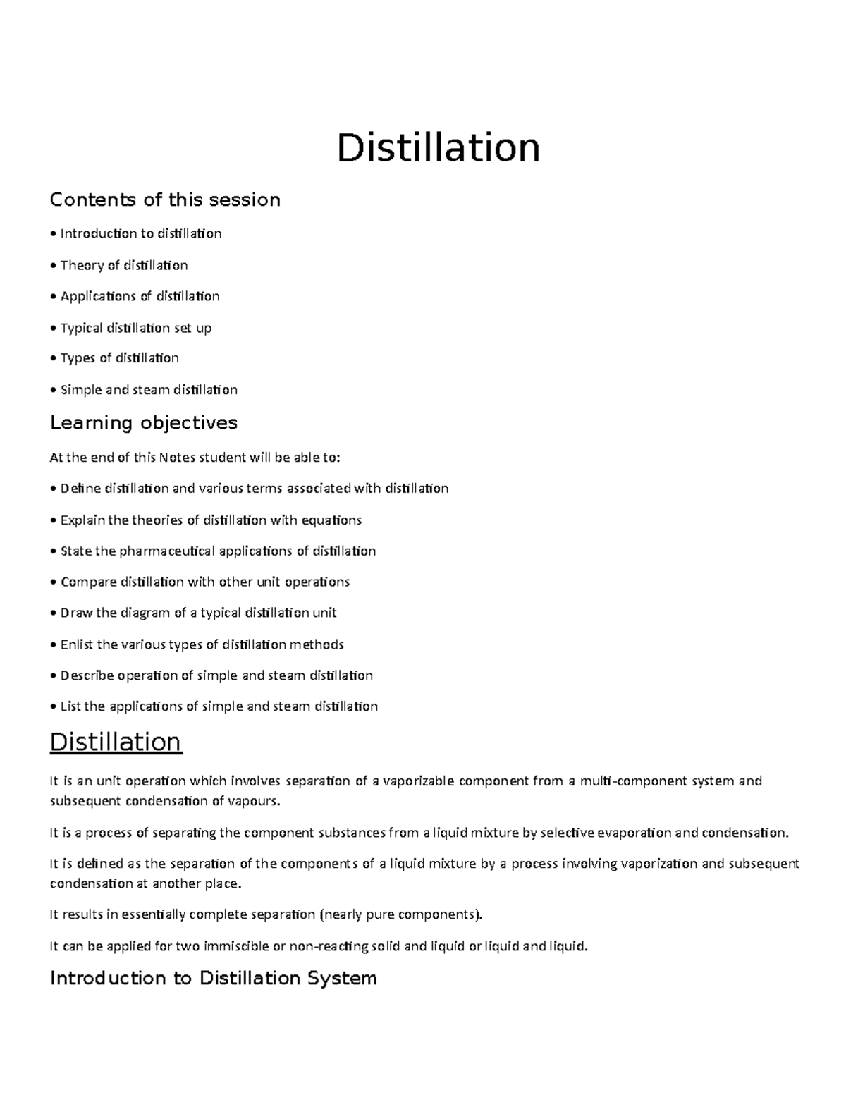 Chapter - 2 Distillation - Distillation Contents of this session ...
