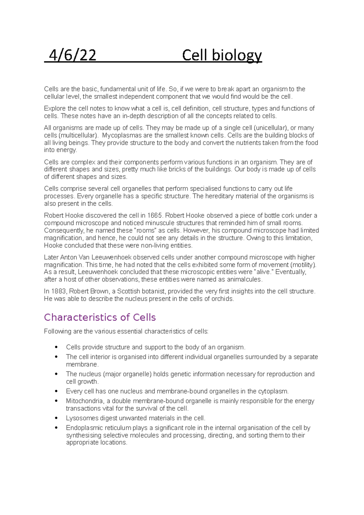 CELL Biology - bgfyjkjhgftyuiokjhgfghj - 4/6/22 Cell biology Cells are ...