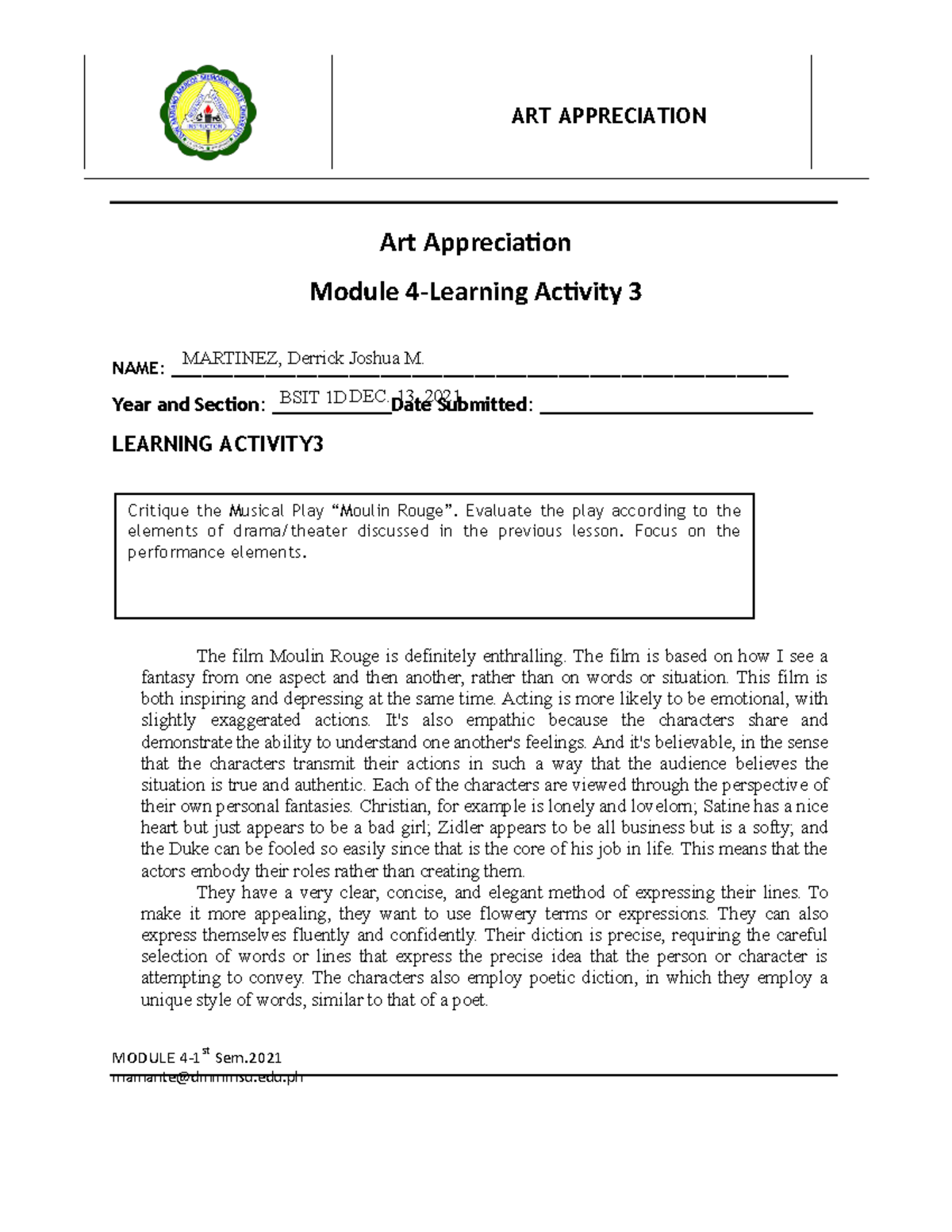 ART Appreciation LA 3 Module 4 - ART APPRECIATION Art Appreciation ...
