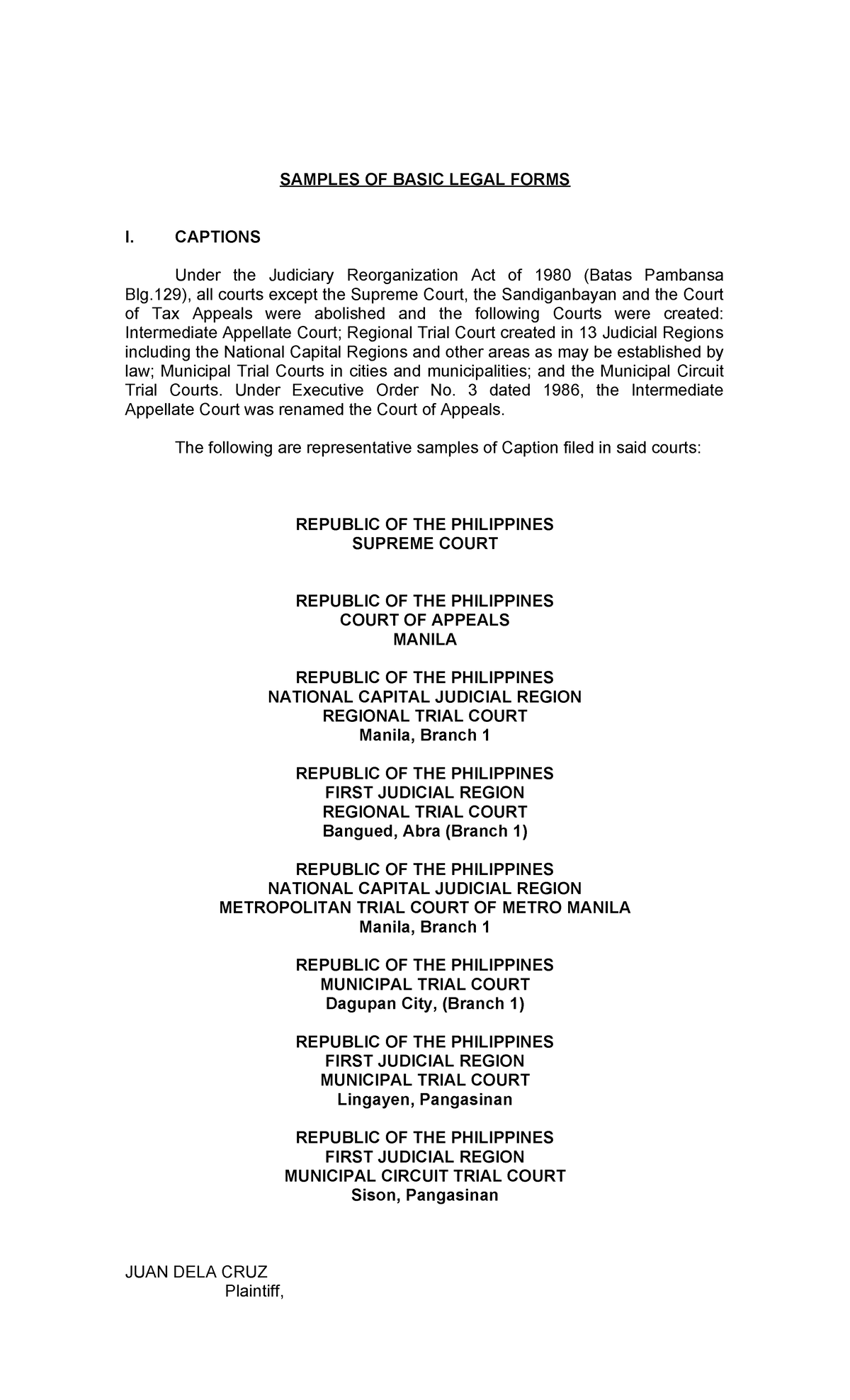 Notes in legal forms - SAMPLES OF BASIC LEGAL FORMS I. CAPTIONS Under ...