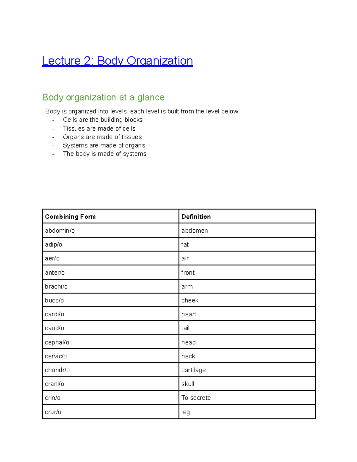 Lecture 2 Body Organization - Lecture 2: Body Organization Body ...