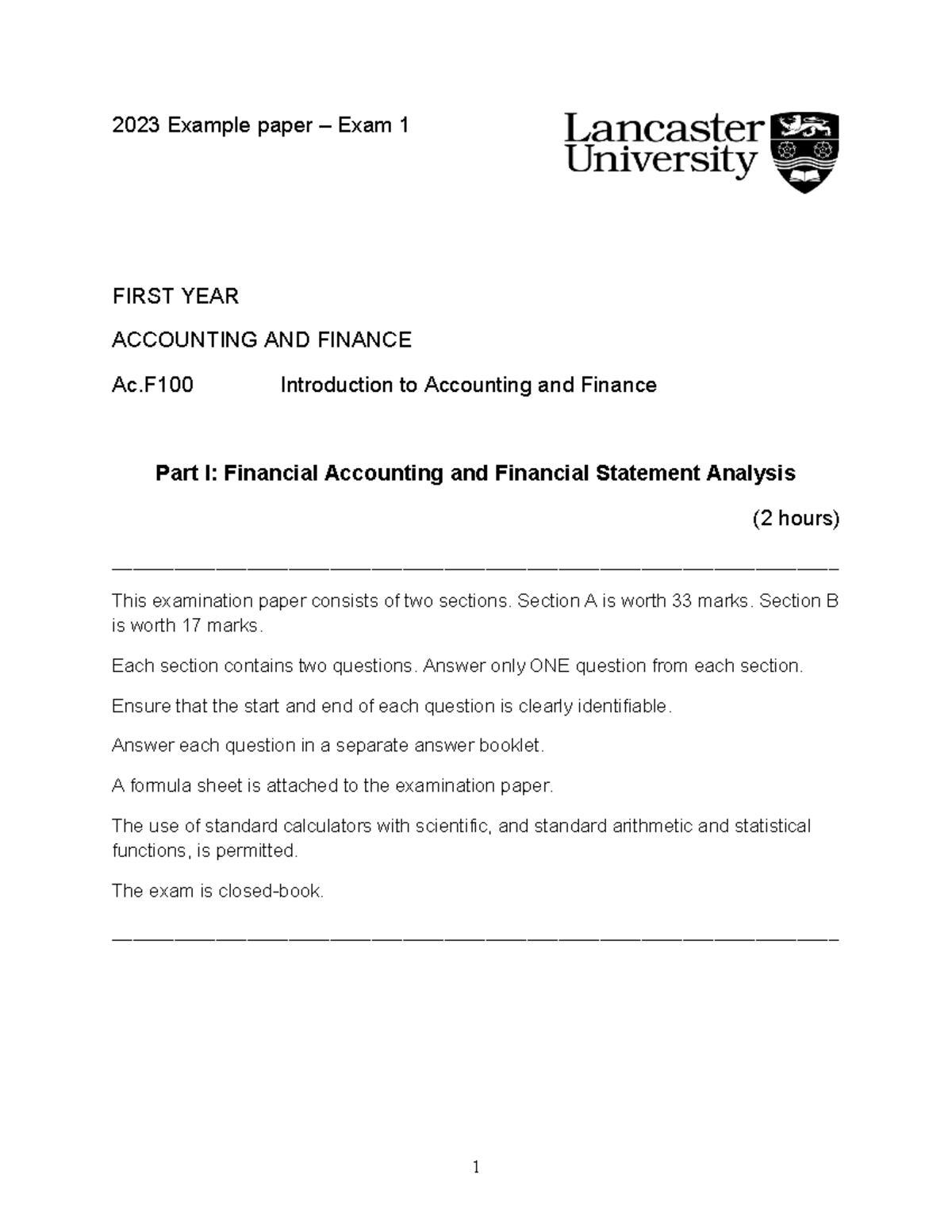ACF100 exam 1 - example paper - 1 2023 Example paper – Exam 1 FIRST ...
