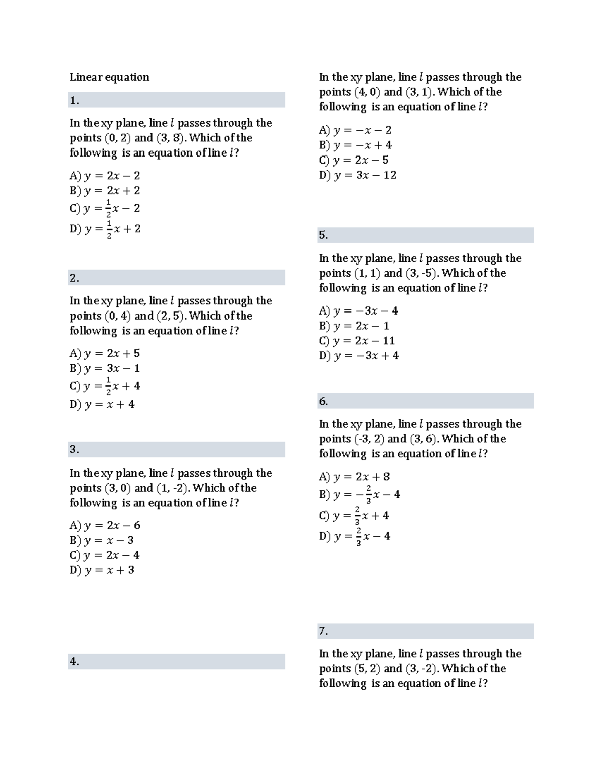 Linear equation 1-50 - Linear equation In the xy plane, line 𝑙 passes ...