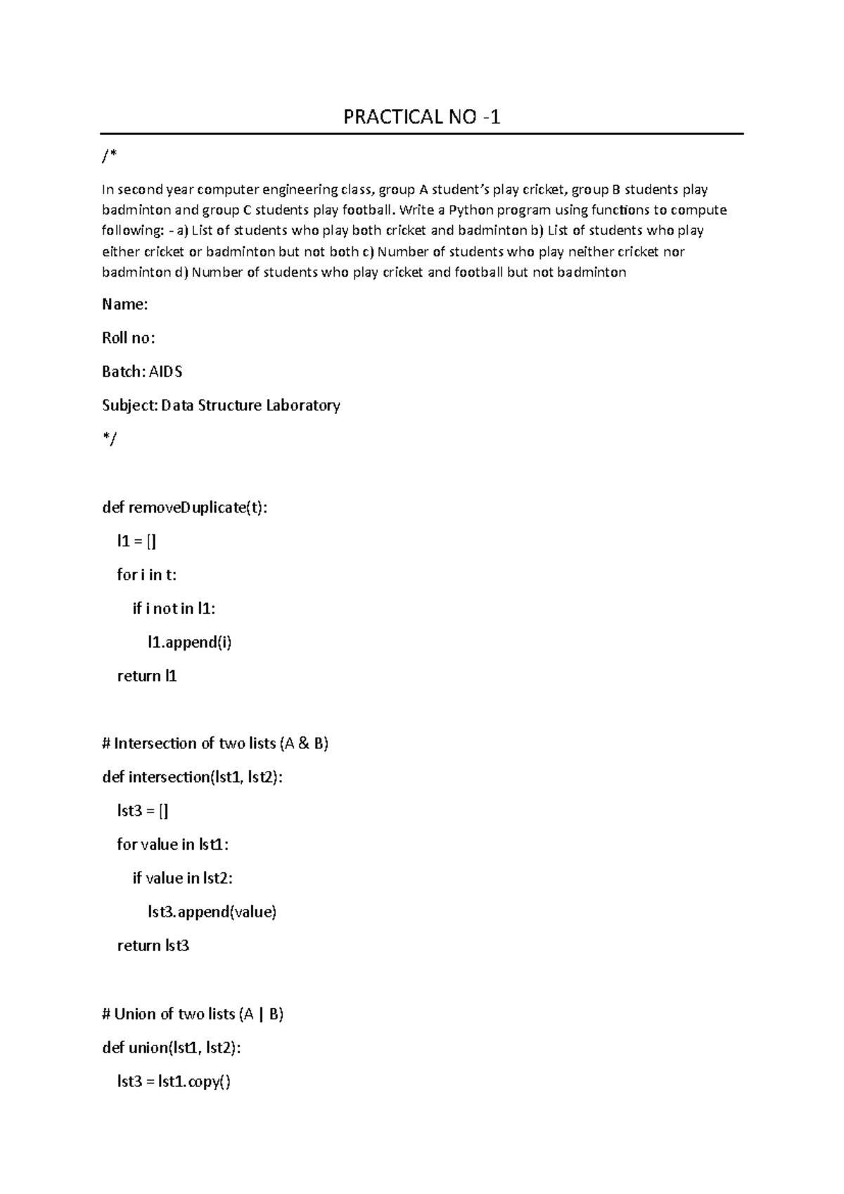ALL FDS Practical CODE - PRACTICAL NO - 1 /* In second year computer engineering class, group A ...