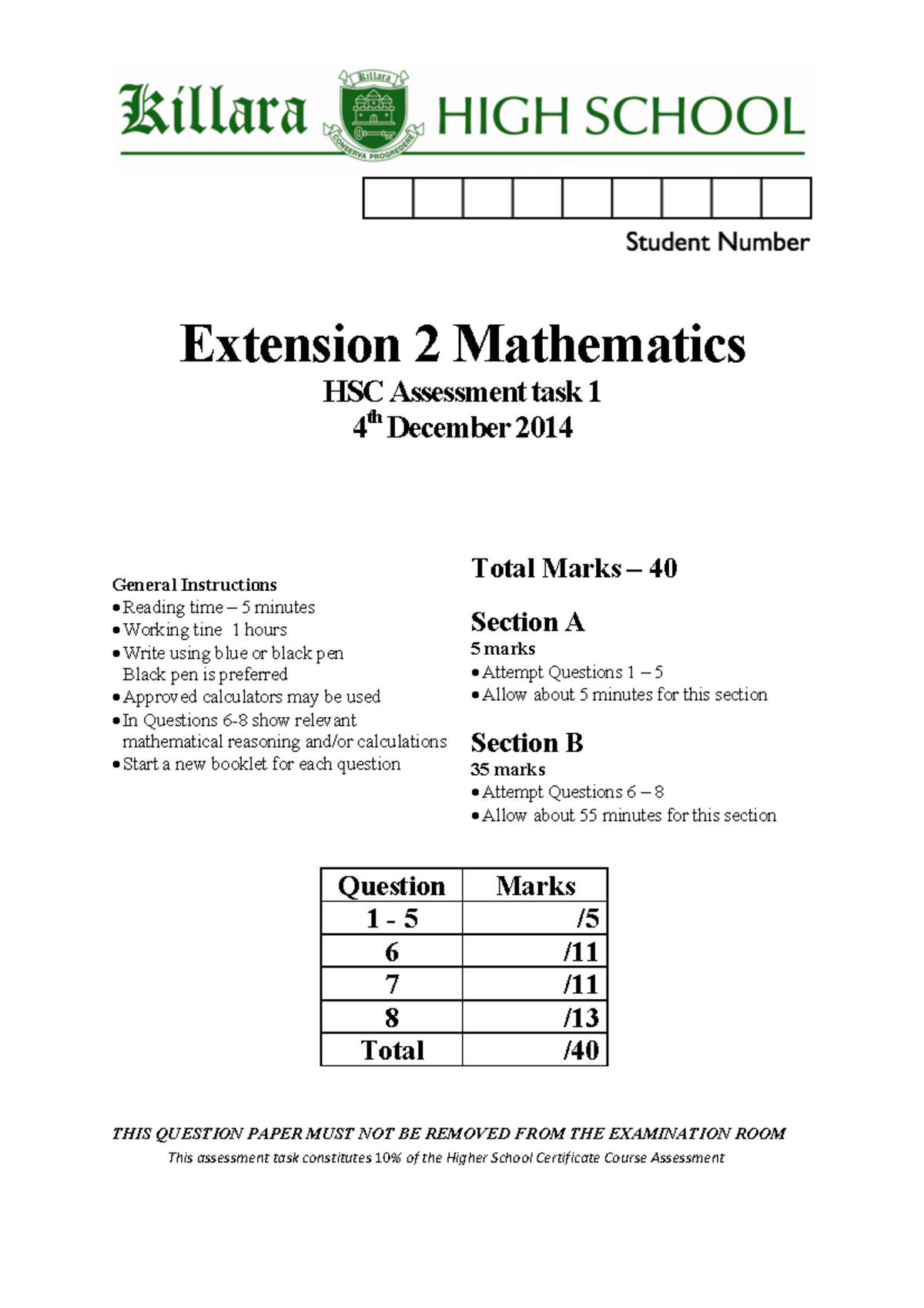 KHS - 2015 HSC Ext 2 Task 1 - Extension 2 Mathematics HSC Assessment ...