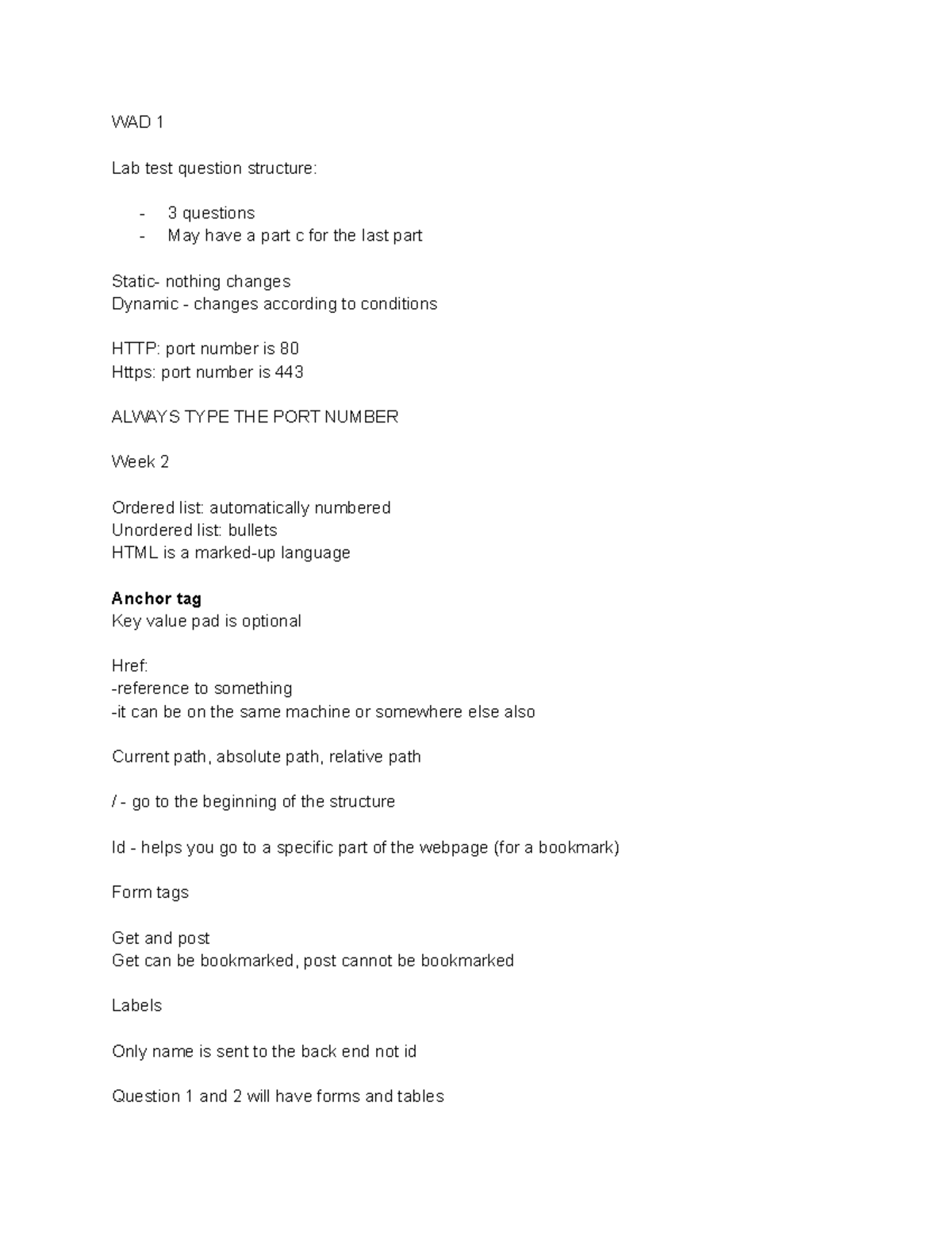 WAD 1 - codes - WAD 1 Lab test question structure: 3 questions May have ...