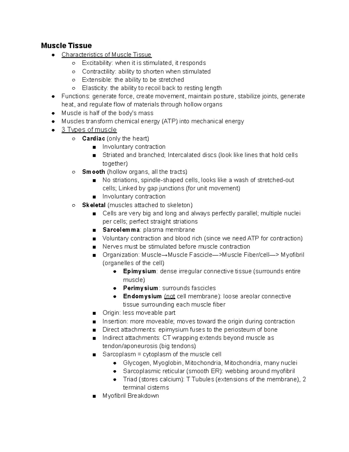 BIOL124- Muscles - Professor Tomson - Muscle Tissue Characteristics of ...