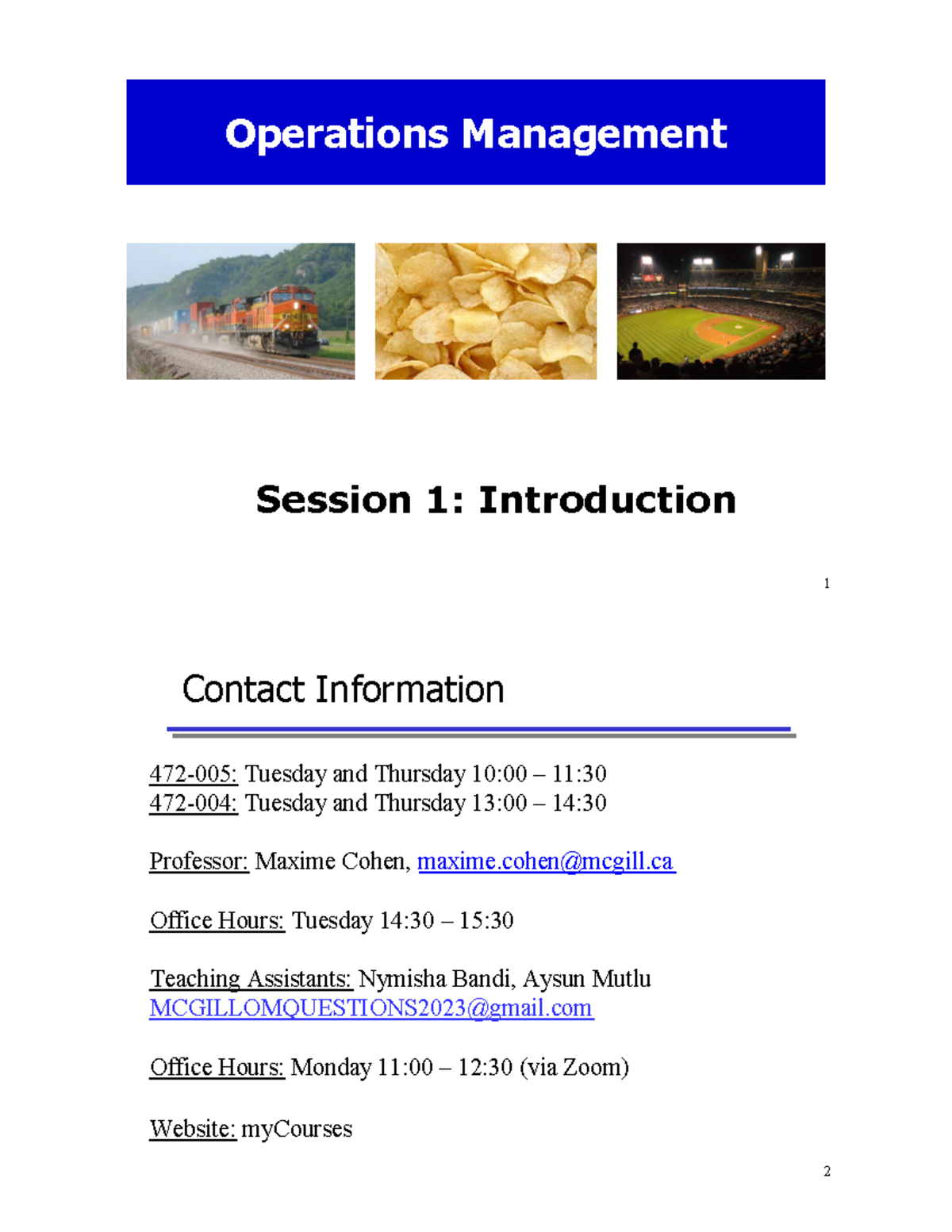 Session 1 - Session 1: Introduction Operations Management 1 472-005 ...