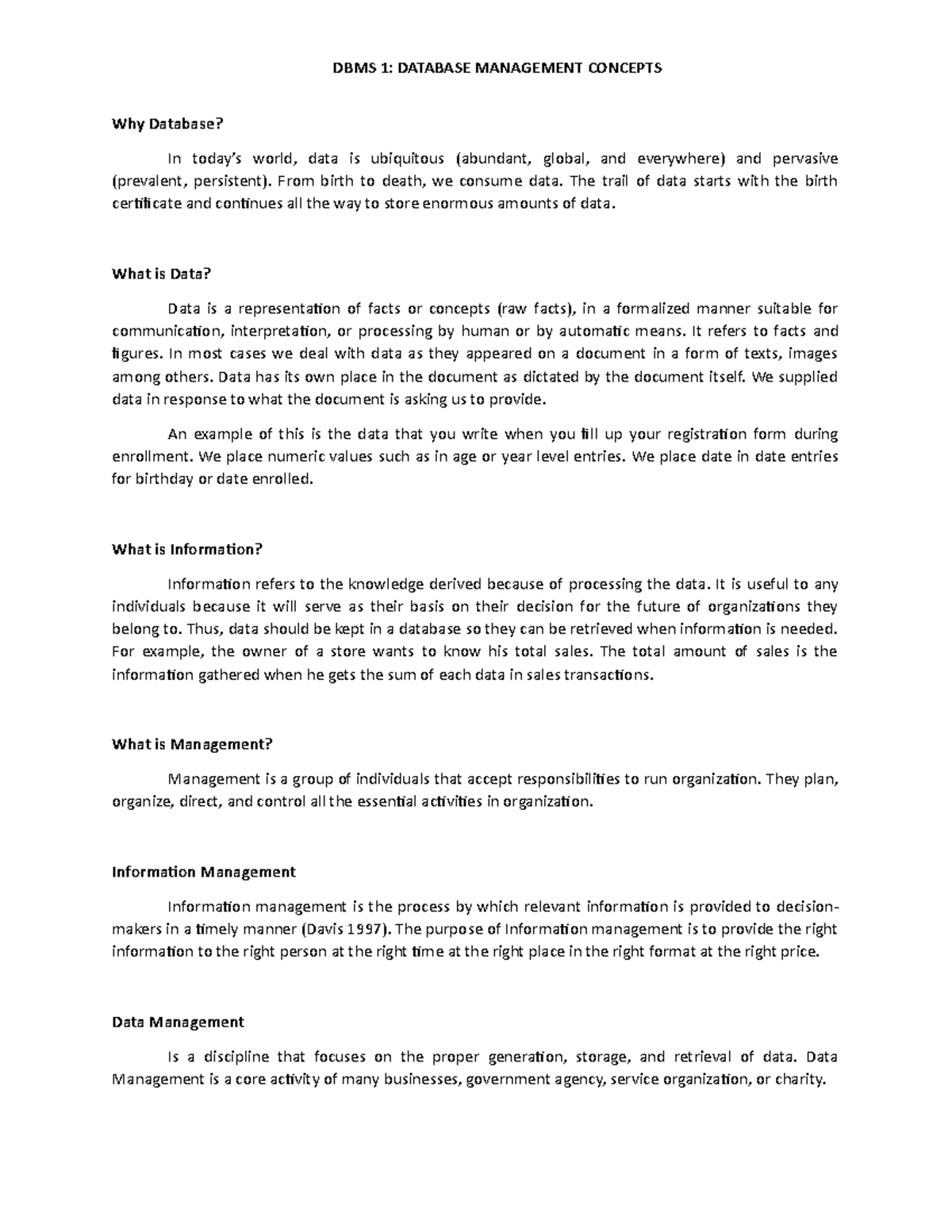 Dbms1 Concepts Database System Why Database In Todays World Data Is Ubiquitous Abundant