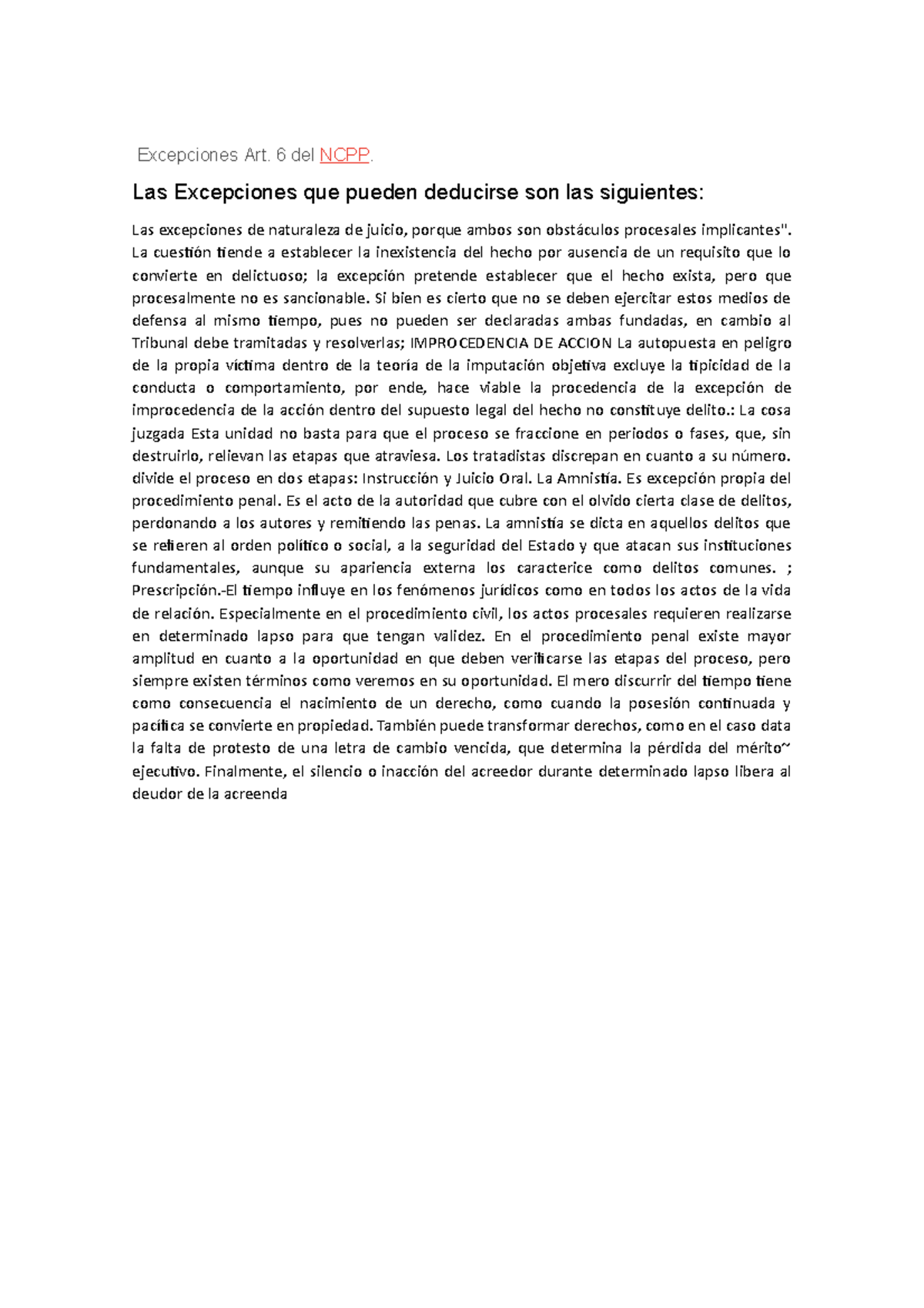 Excepciones derecho procesal - Excepciones Art. 6 del NCPP. Las ...