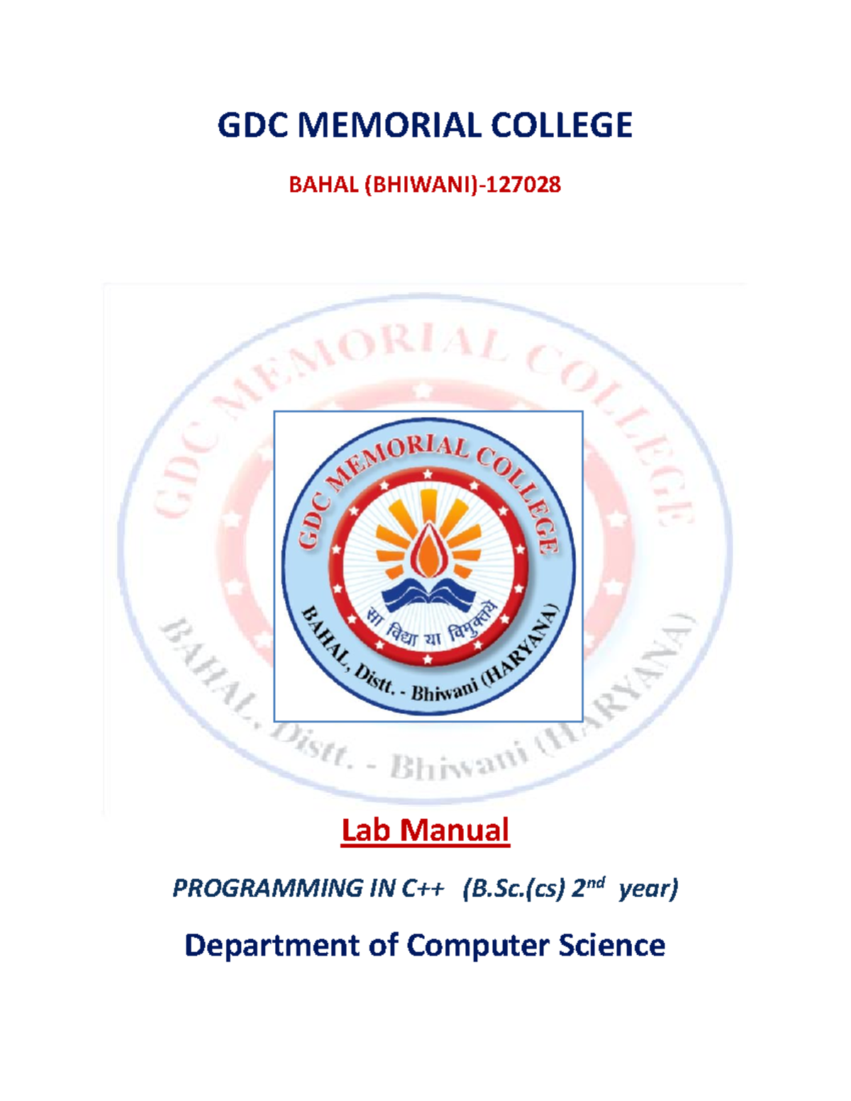 C++ Programming Lab Report - GDC MEMORIAL COLLEGE BAHAL (BHIWANI)- Lab ...
