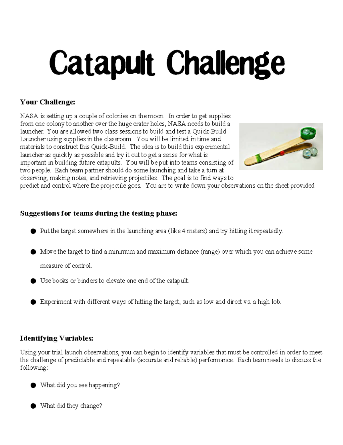Julie catapult lab Part 1 Planning - Your Challenge: NASA is setting up ...
