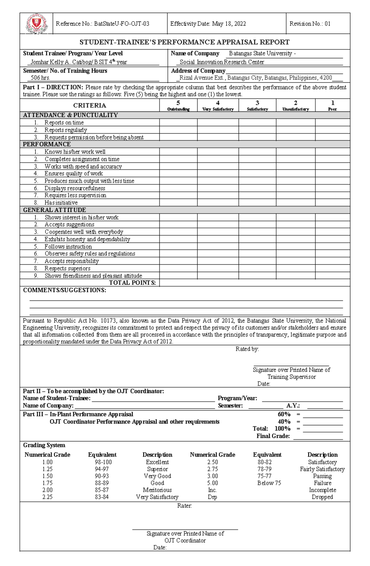 Bat State U-FO-OJT-03 Student-Trainee's Performance Appraisal Report ...