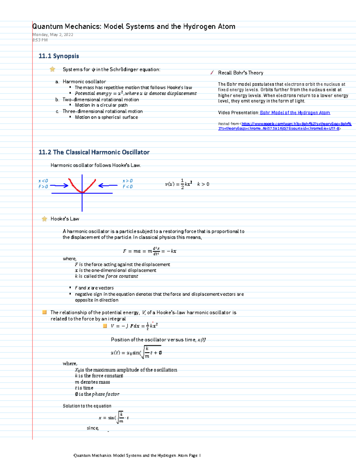 Quantum Mechanics Model Systems and the Hydrogen Atom - 11 Synopsis ...