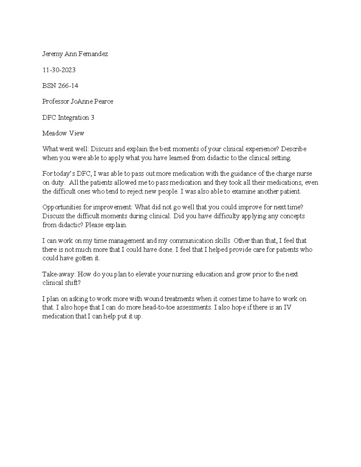 DFC Integration 3 - Meadow View - Jeremy Ann Fernandez 11-30- BSN 266 ...