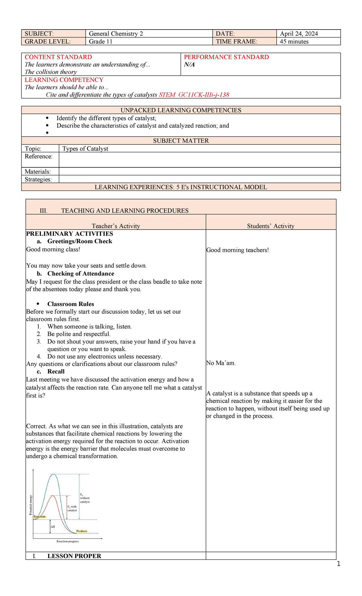 Catalyst lesson plan - SUBJECT: General Chemistry 2 DATE: April 24 ...