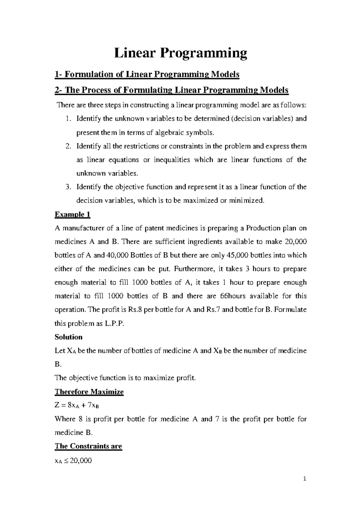 Assigment answer - assignment - Linear Programming 1- Formulation of Linear Programming Models 2 ...