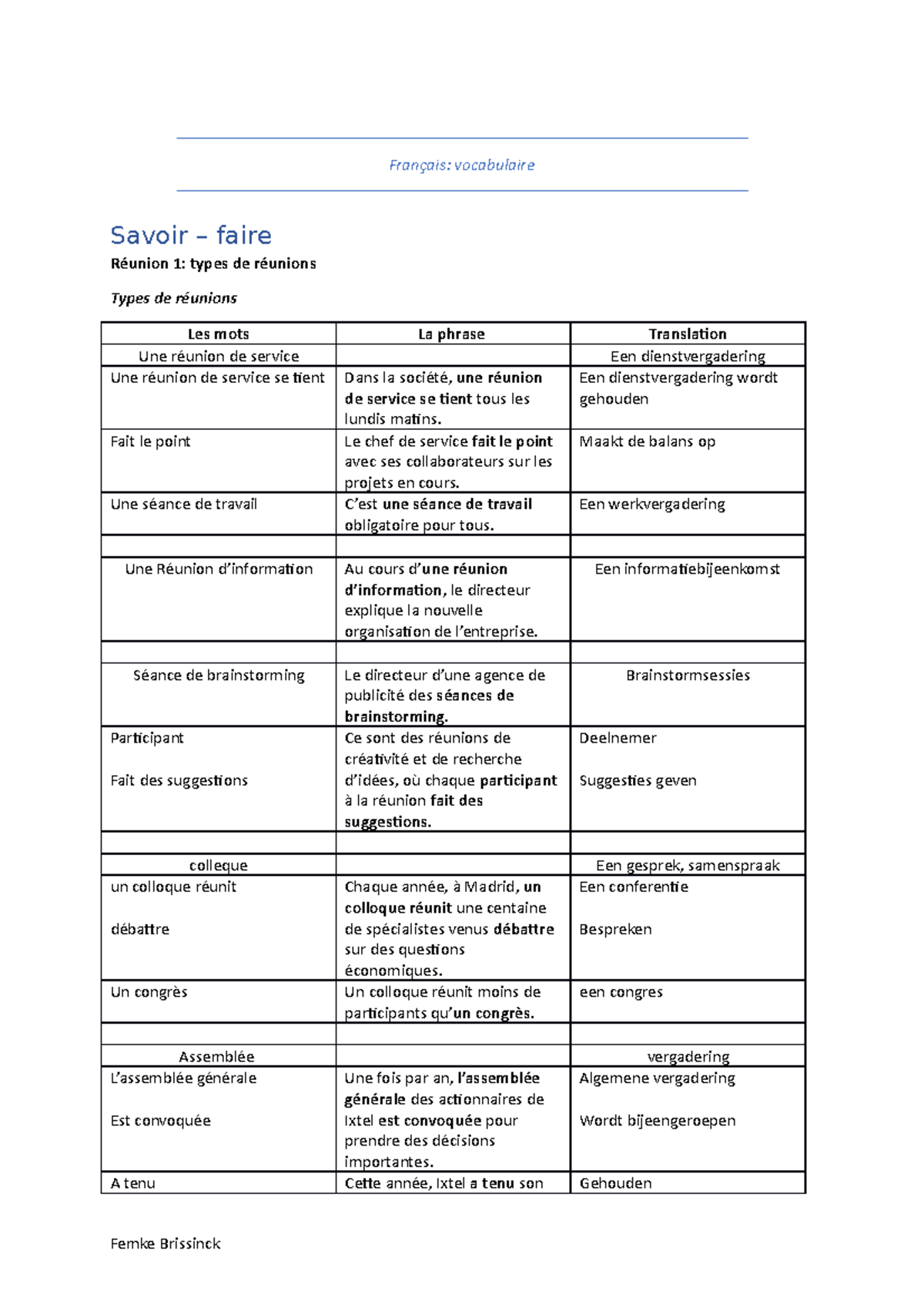 Français voc - frans - Français: vocabulaire Savoir – faire Réunion 1 ...
