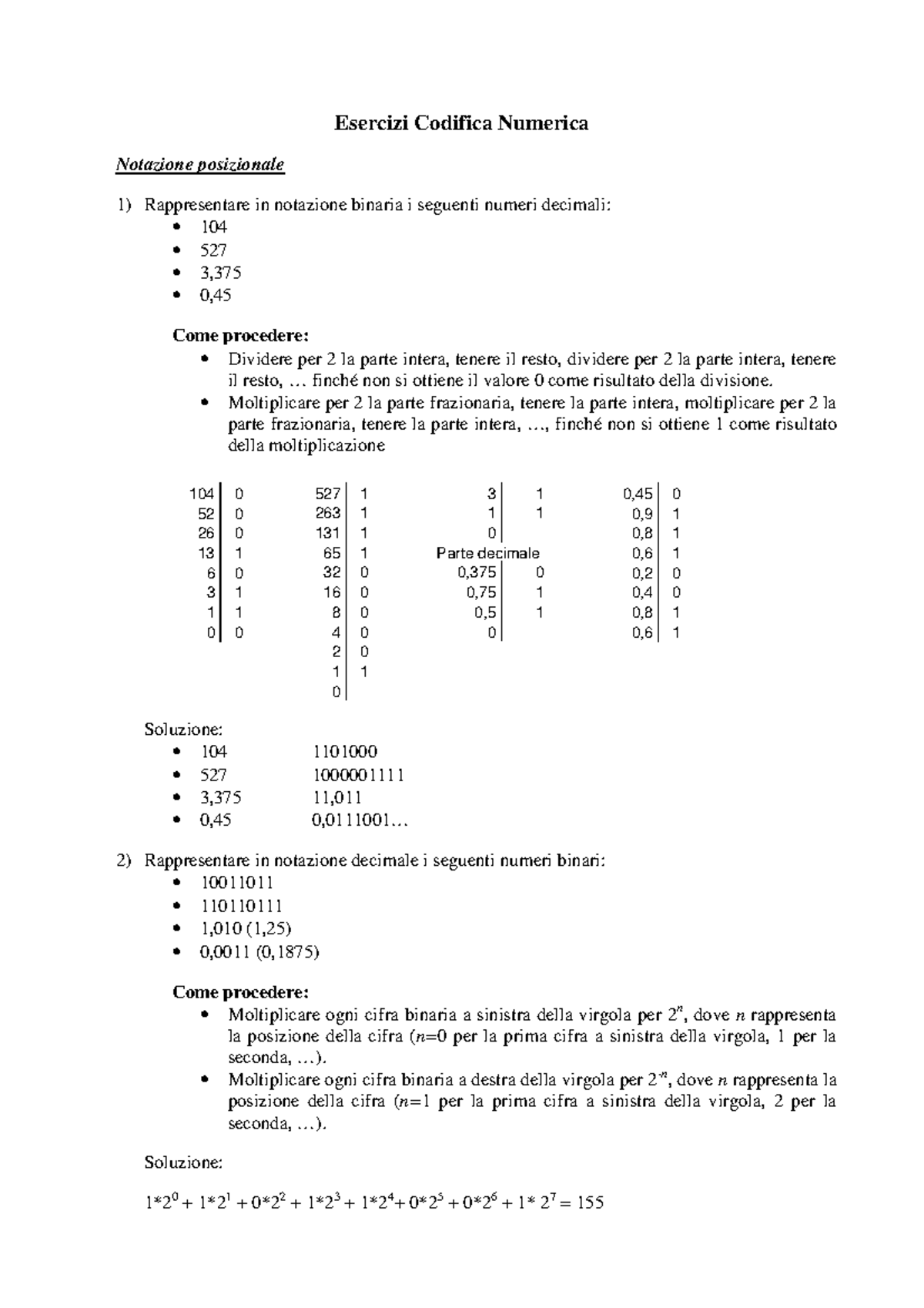 EI L02a codifica numerica comp2 - Esercizi Codifica Numerica Notazione posizionale 1 ...