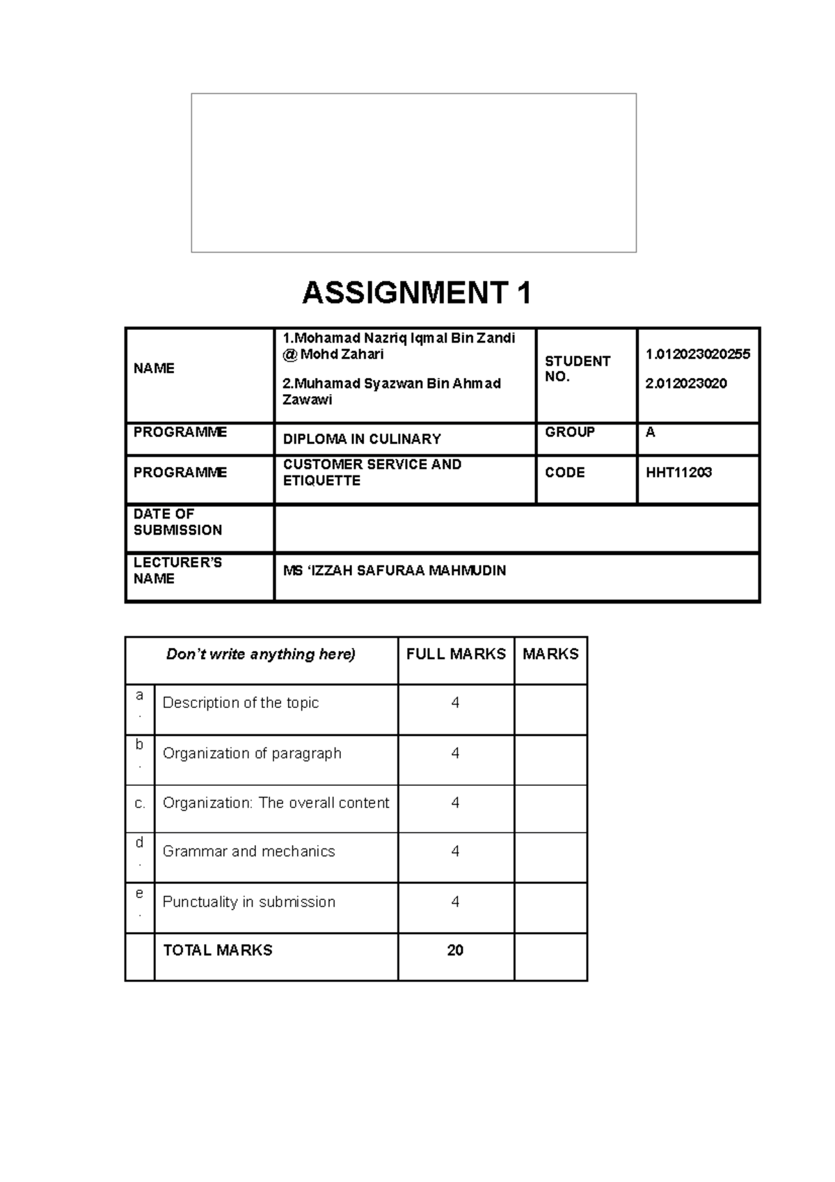 Assignment Customer Services - ASSIGNMENT 1 NAME 1 Nazriq Iqmal Bin ...