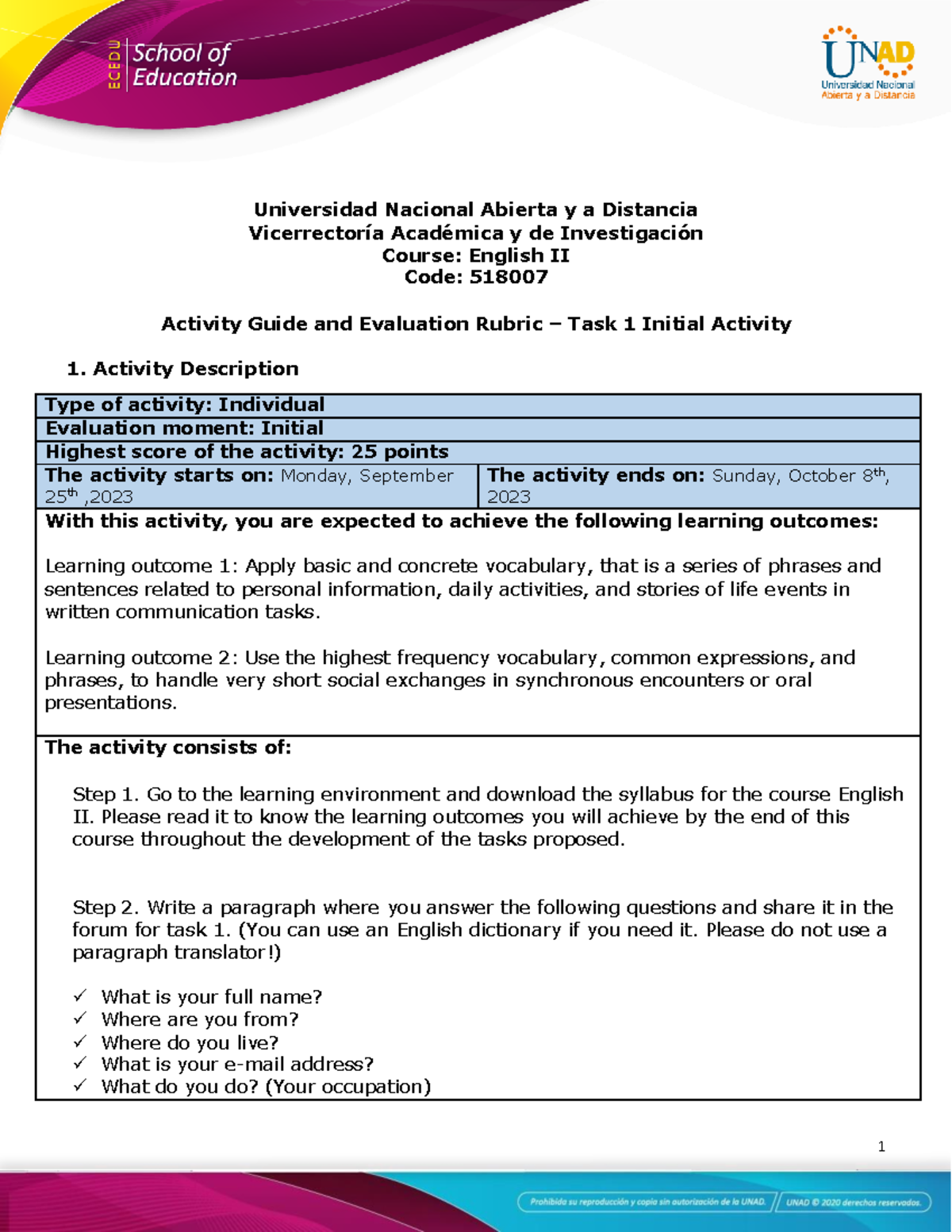 Activity guide and evaluation rubric - Task 1 - Initial Activity ...