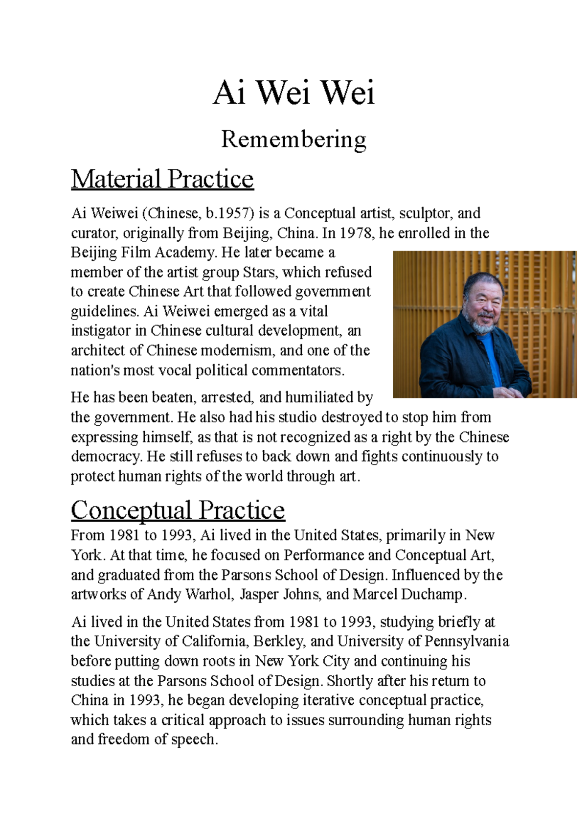 Ai Wei Wei - notes for ai wei wei - Ai Wei Wei Remembering Material ...