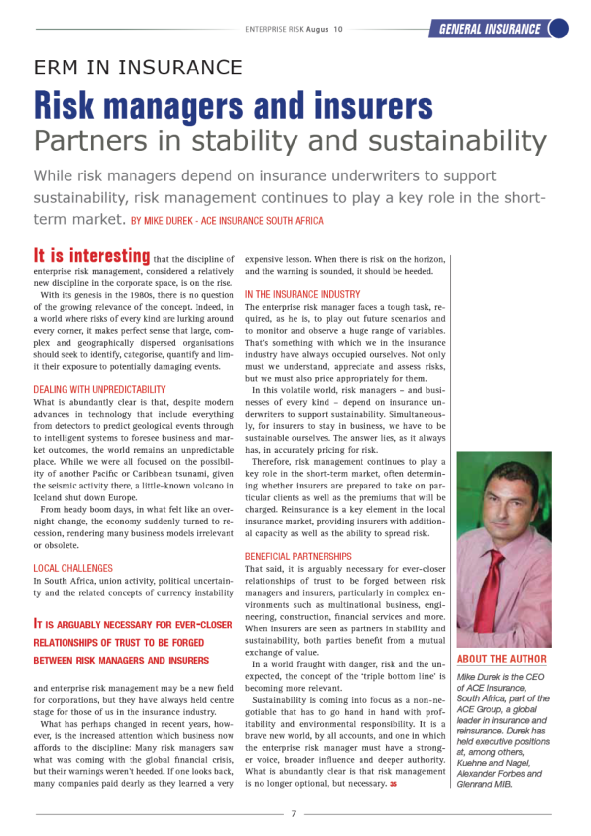 Durek 2010 erm in insurance risk managers and insurers partners in ...