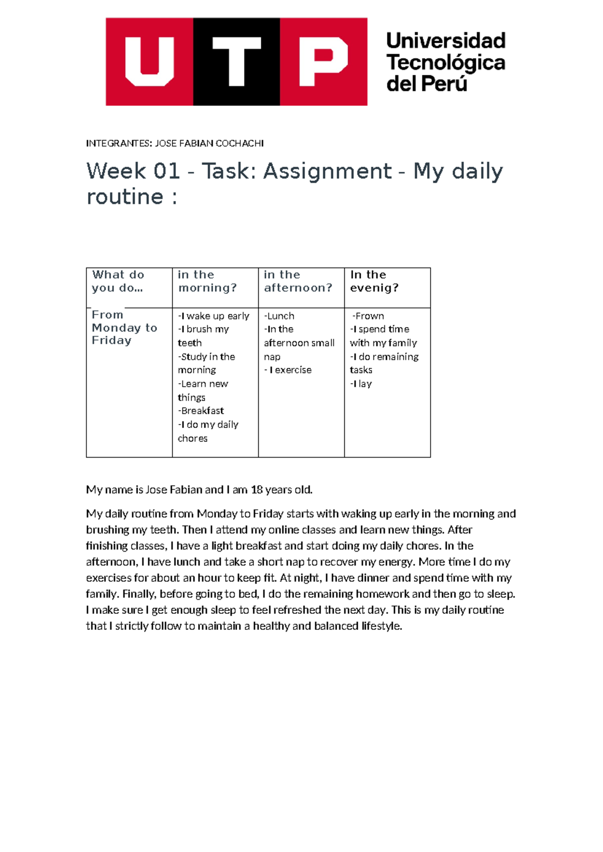 Week 01 - Task Assignment - My daily routine - INTEGRANTES: JOSE FABIAN ...