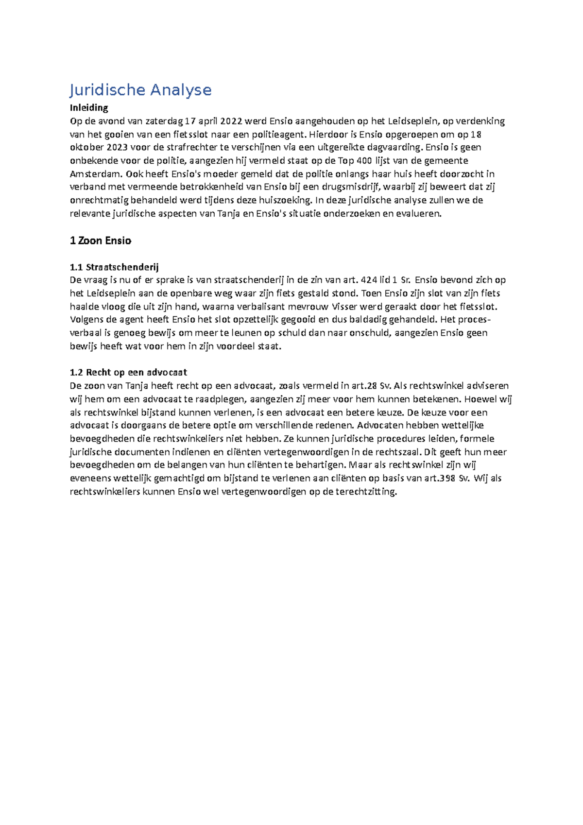 Juridische Analyse - Juridische Analyse Inleiding Op de avond van ...