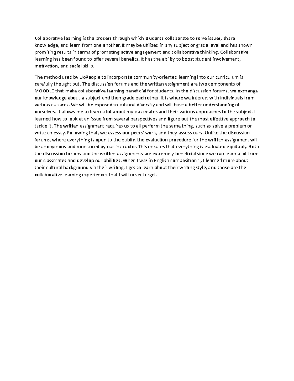 Discussion assignment unit 1 - Collaborative learning is the process ...