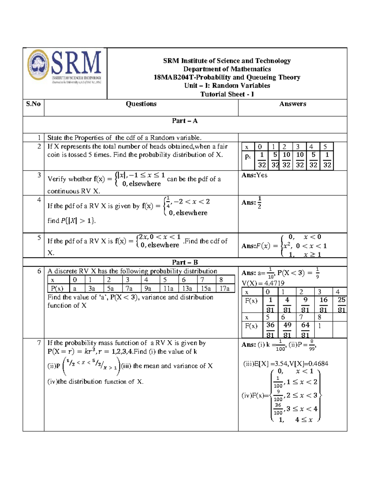Tutorial-1 18MAB204T - tutorial work - SRM Institute of Science and ...