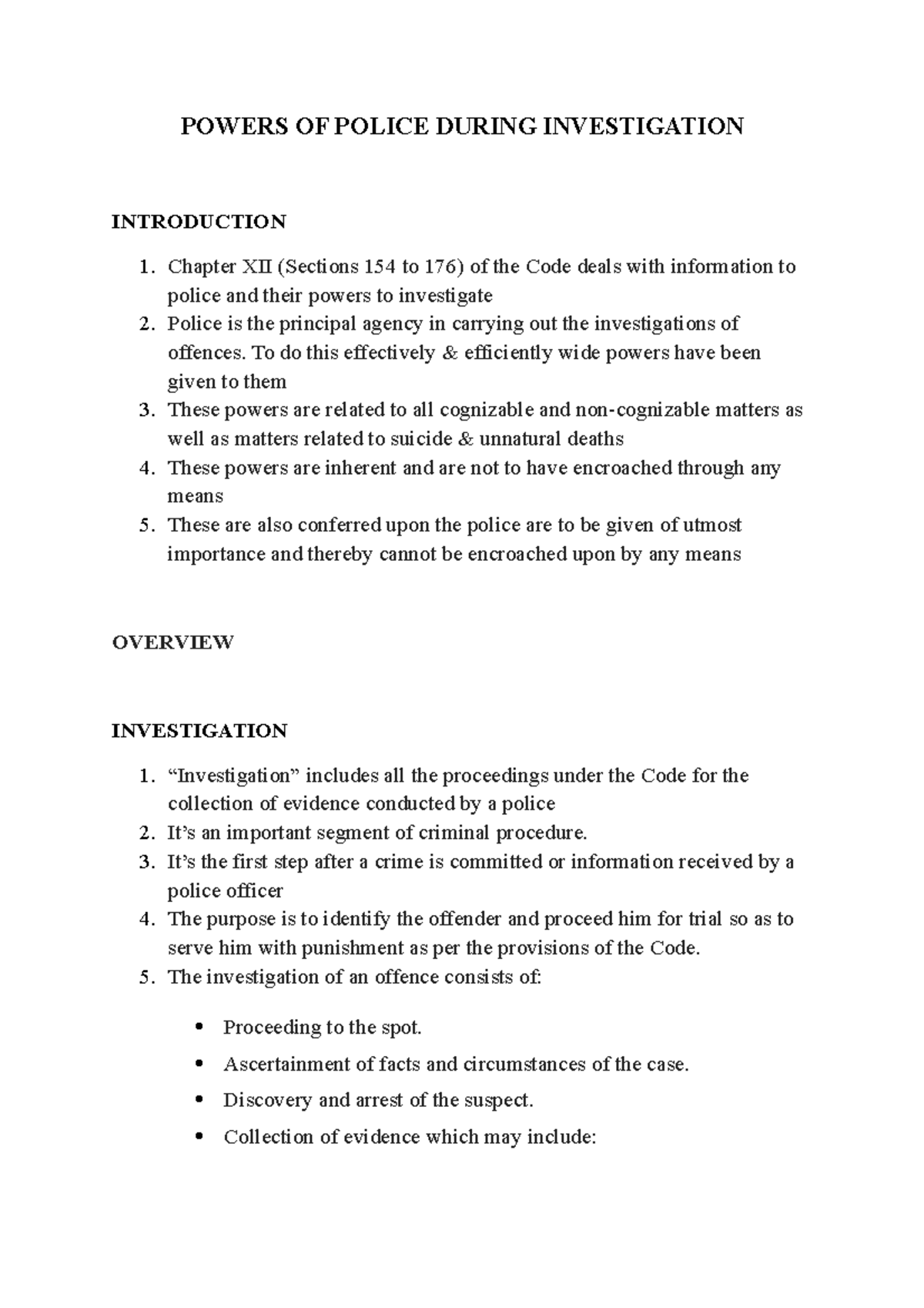 Powers OF Police During Investigation - Notes - Llb - KSLU - Studocu