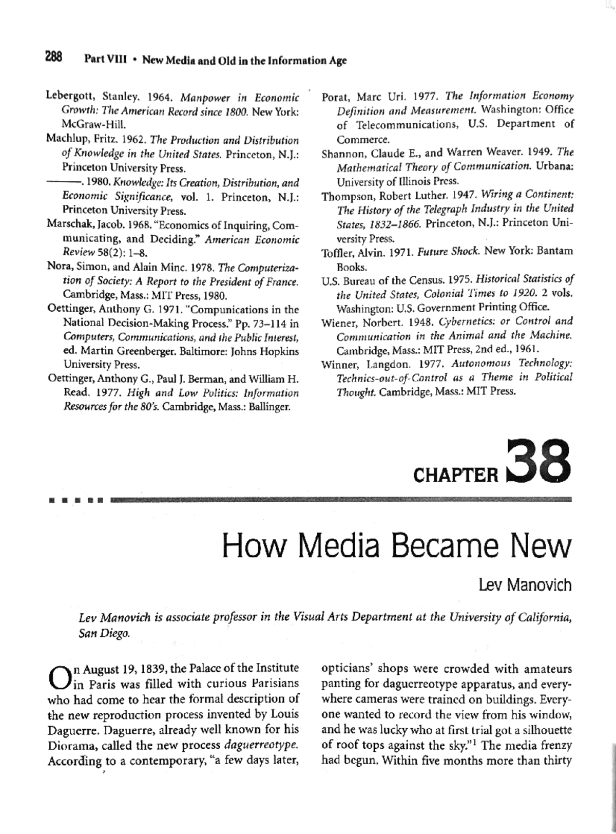 Manovich - The book is about how technology changes our life rather than developing it, - Studocu