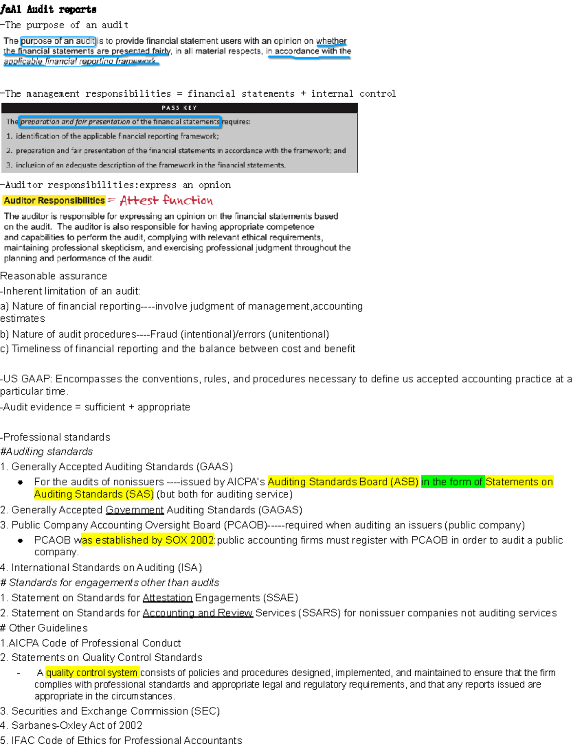 Auditing class note - ƒaA1 Audit reports -The purpose of an audit -The ...