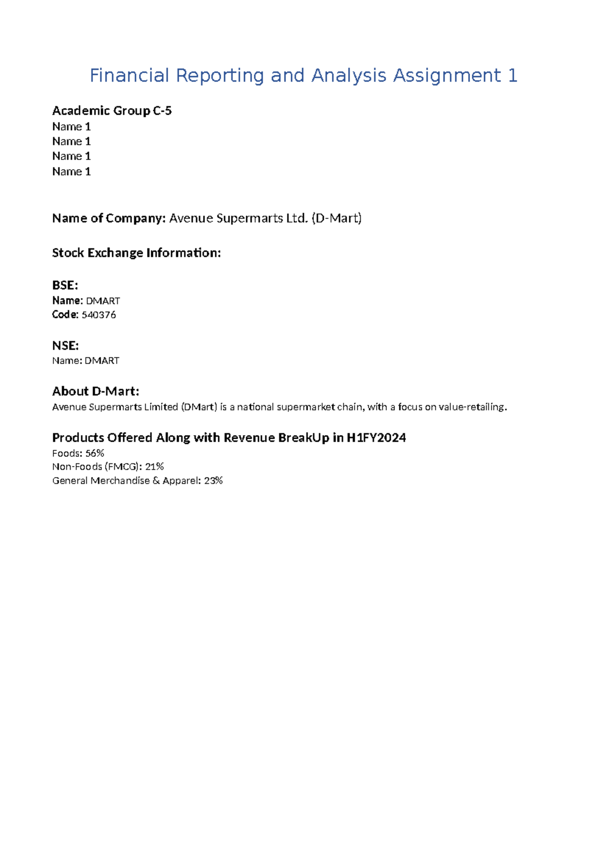 FRA Assignment Combined Sheet - Financial Reporting and Analysis Assignment 1 Academic Group C ...