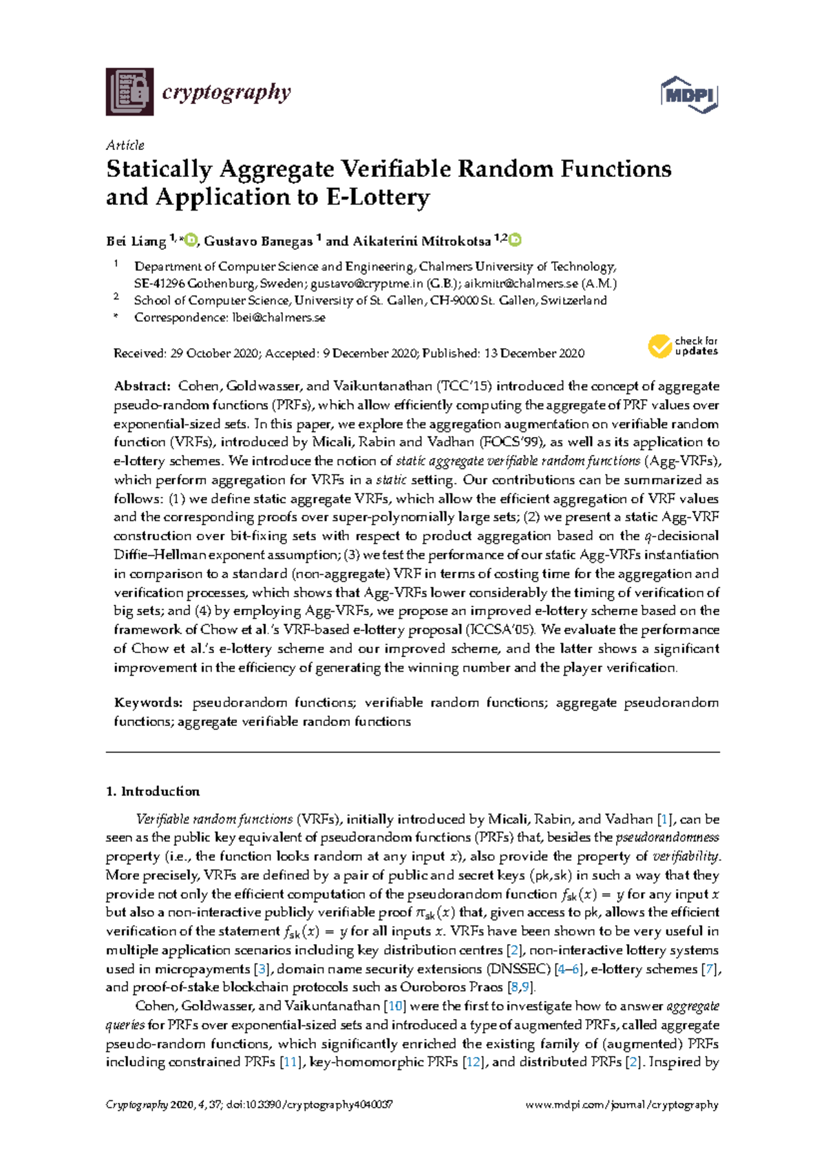 Statically Aggregate Verifiable Random Functions and Application to E-Lottery - cryptography ...
