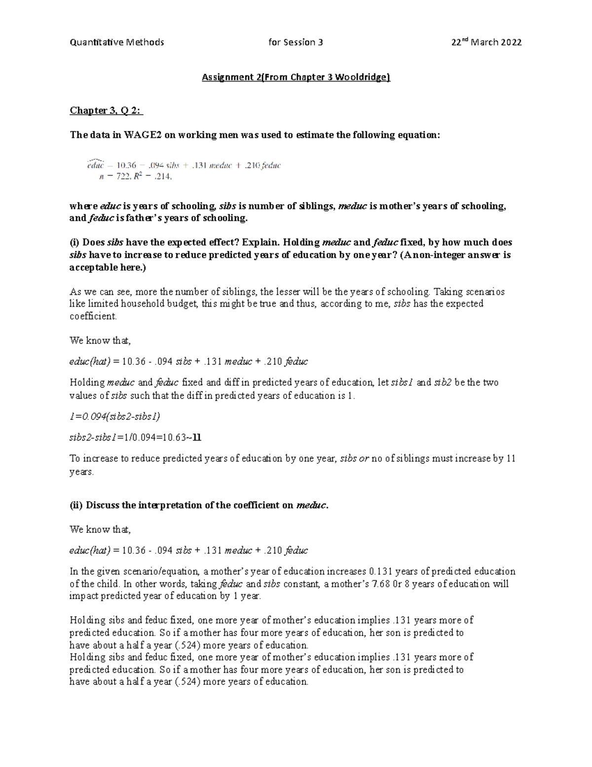 Multiple Regression Assignment from Wooldridge - Quantitative Methods - EM Lyon - Studocu