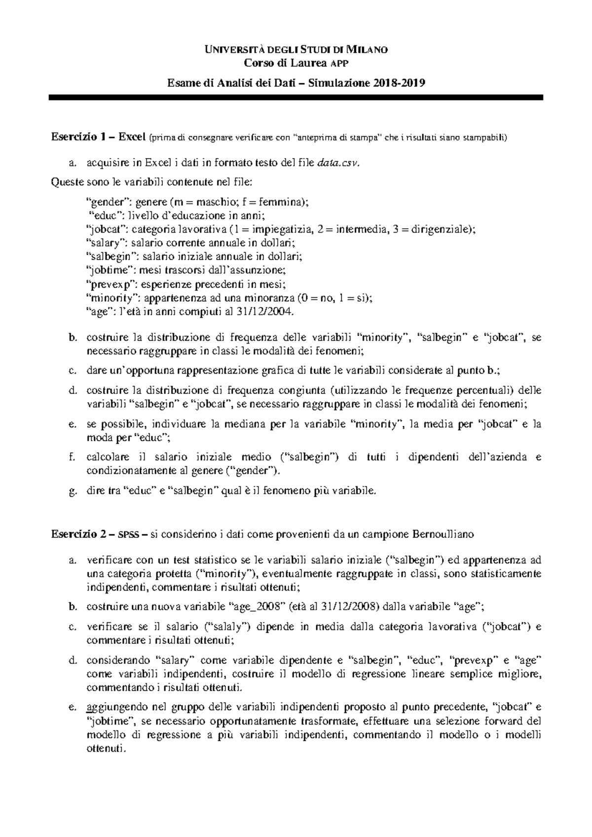 Facsimile prova d'esame - parte in laboratorio - UNIVERSITÀ DEGLI STUDI ...