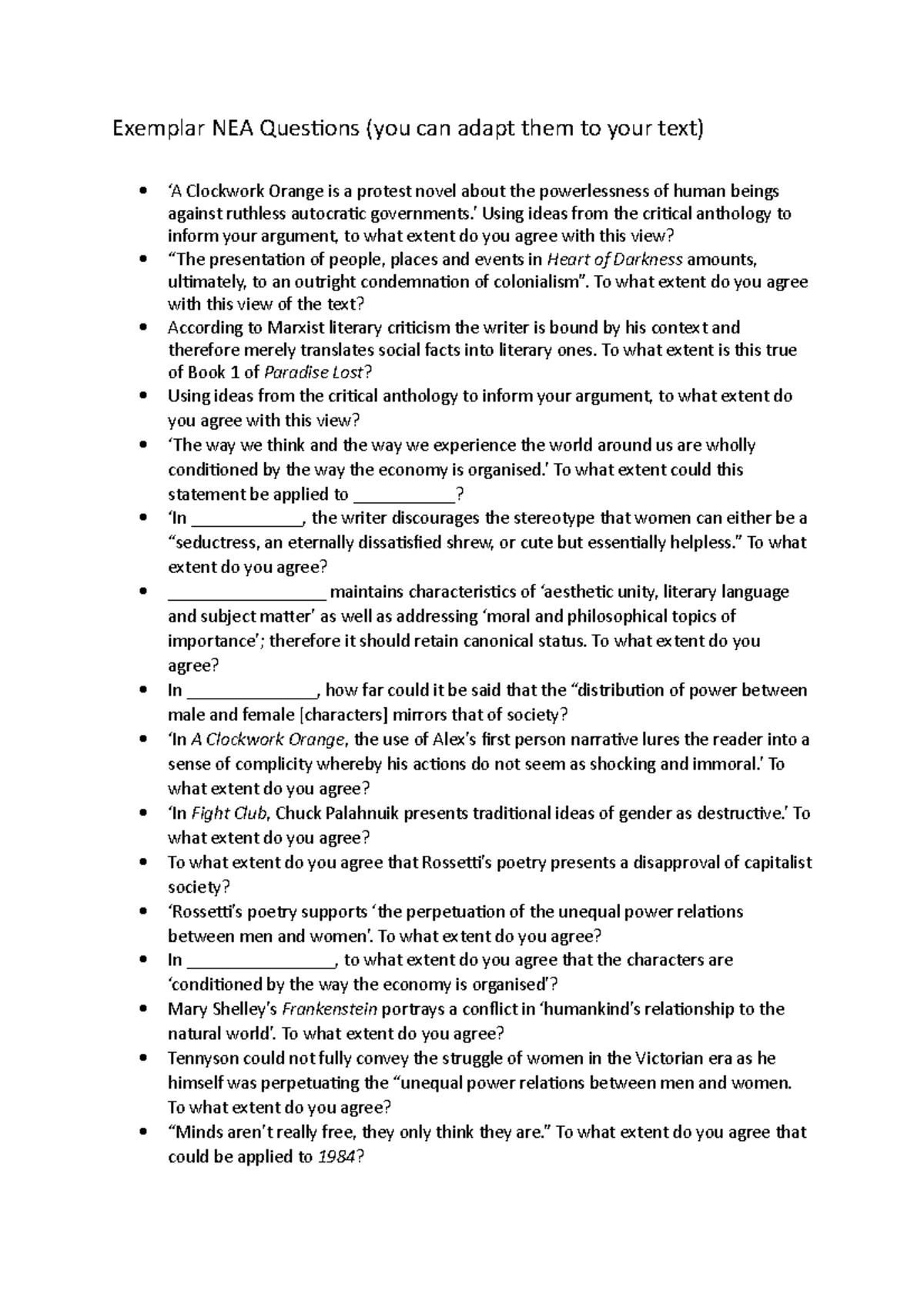 Exemplar NEA Questions - ’ Using ideas from the critical anthology to ...