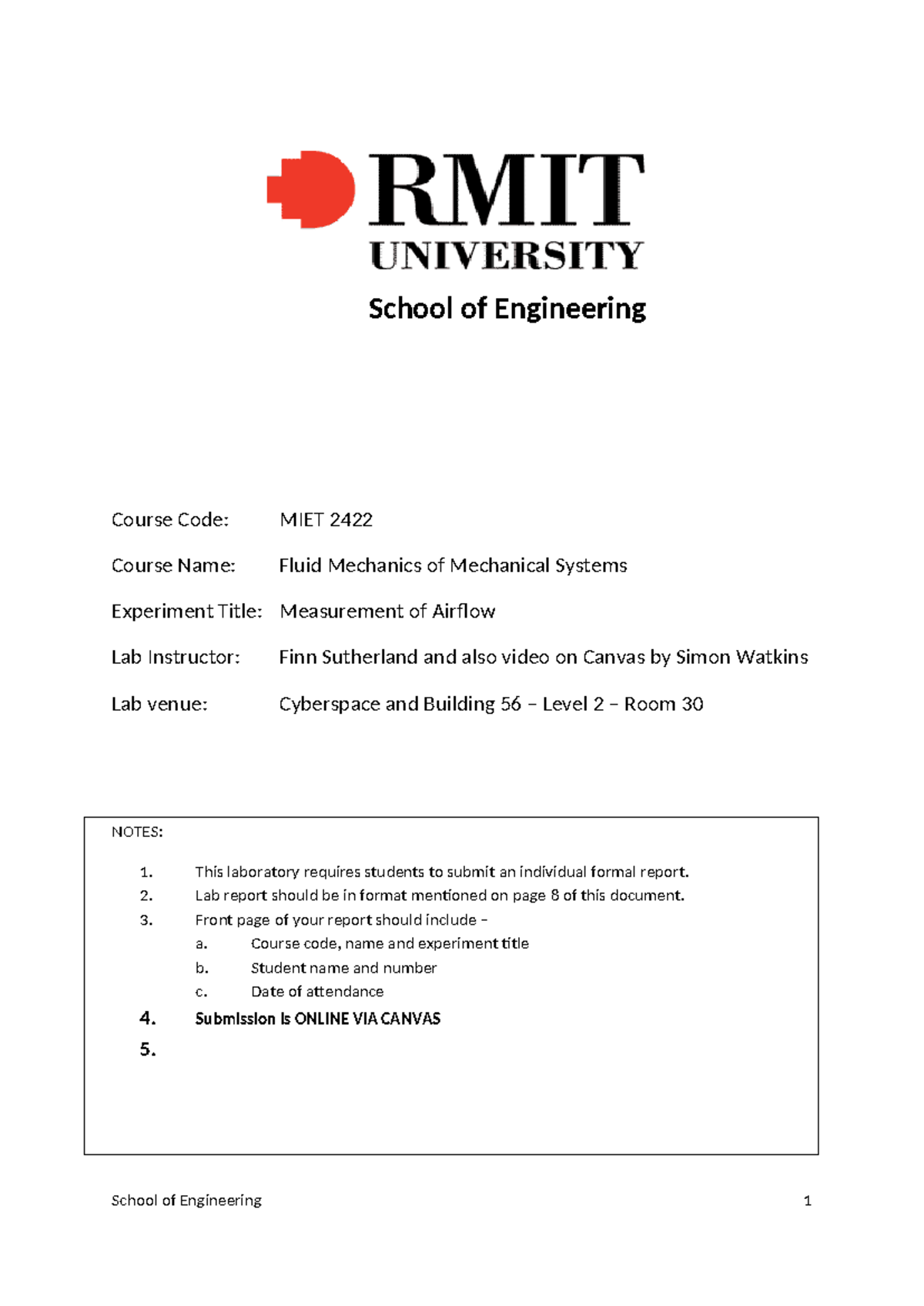 Measurement of Airflow Laboratory 2023 S1 - School of Engineering ...