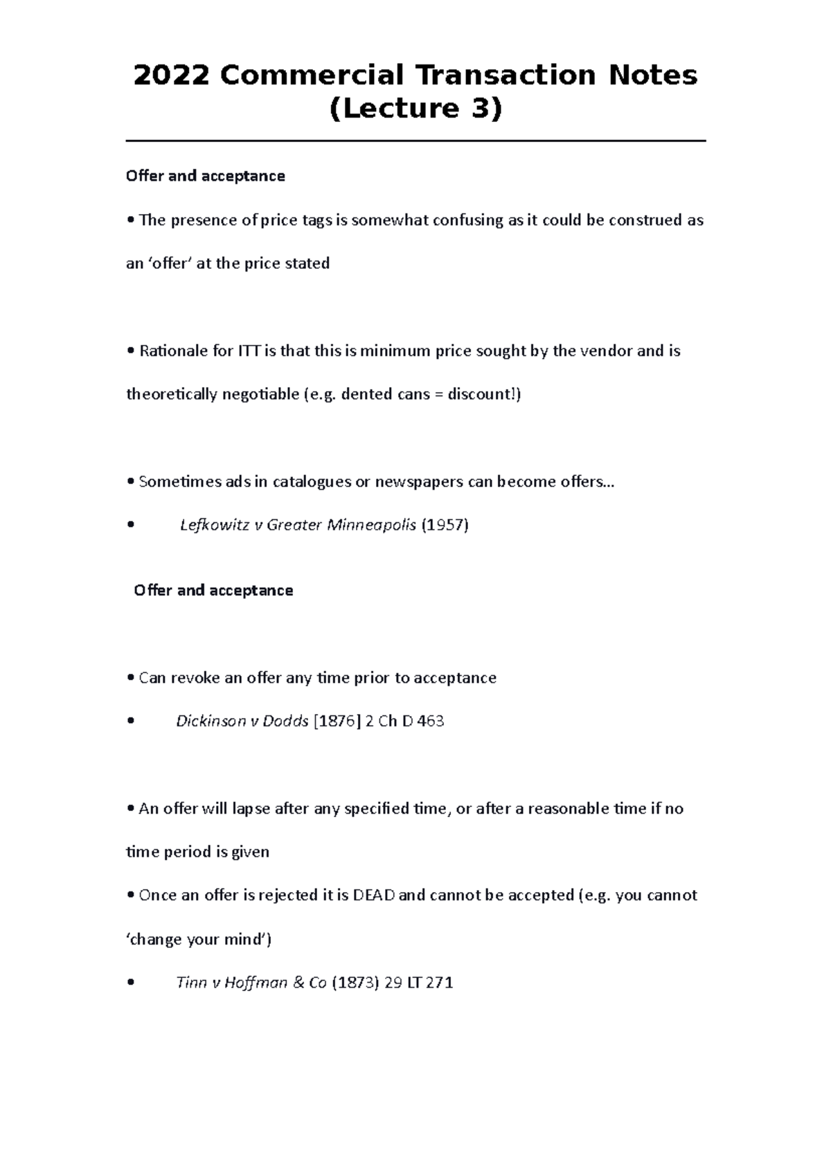 2022 Commercial Transaction Notes (Lecture 3) - (Lecture 3) Offer and ...