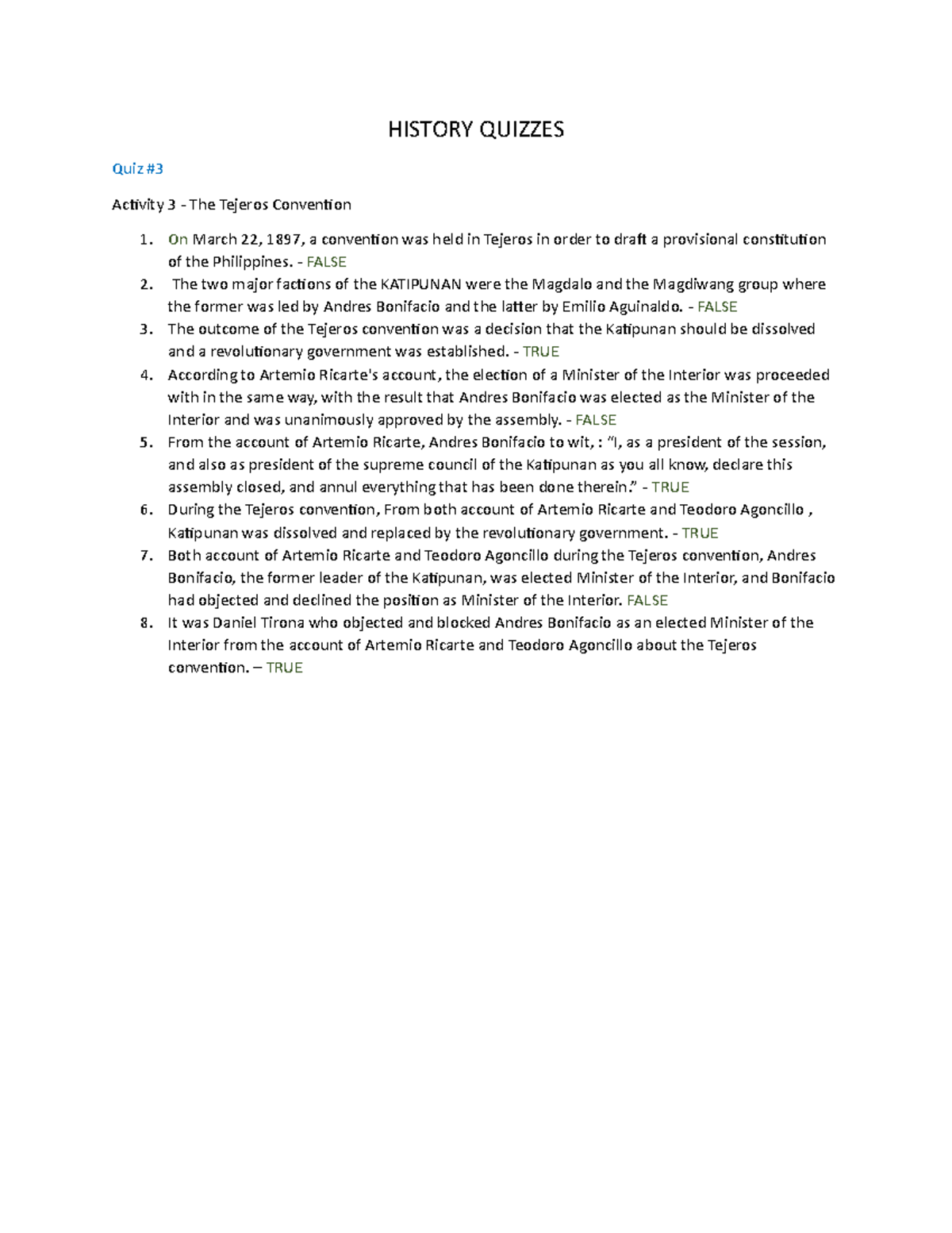 History Quiz #3 ( The Terejos Convention) - HISTORY QUIZZES Quiz ...