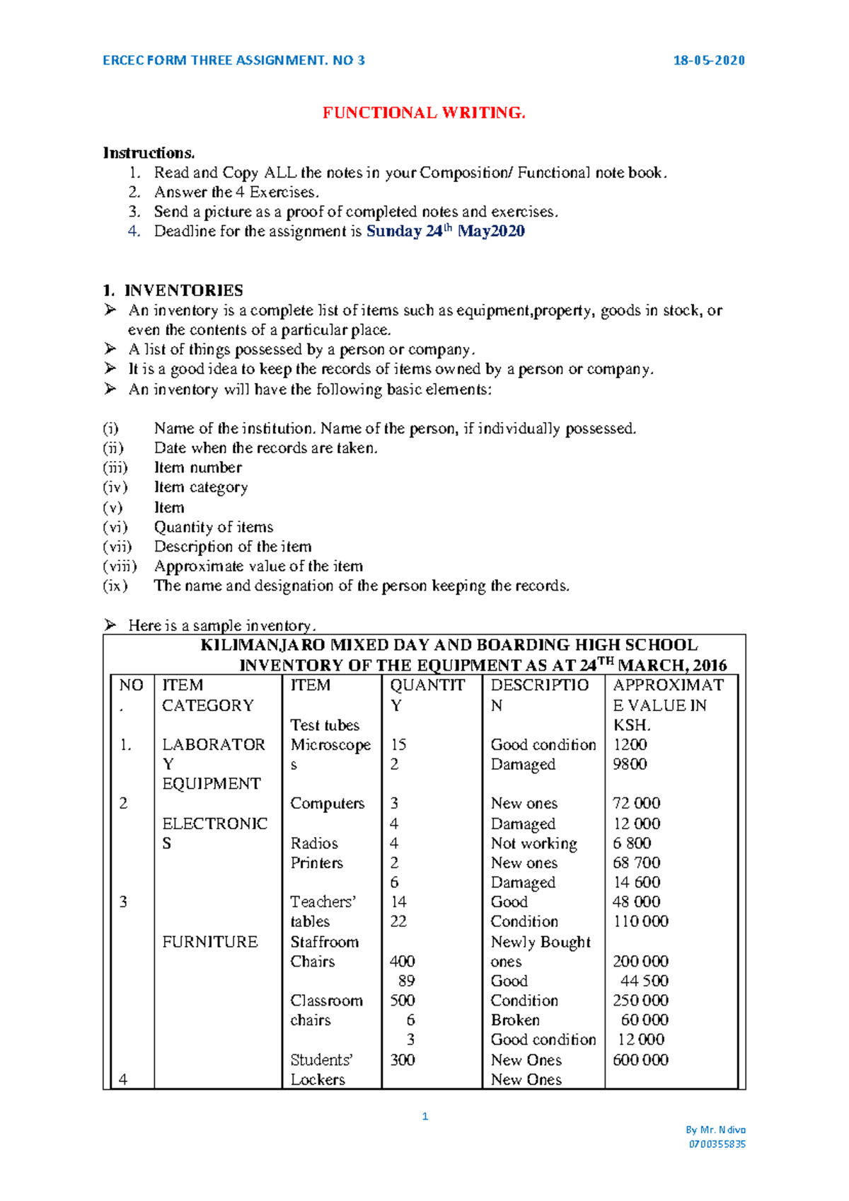 Ercec Functional Writing assignment. No 3 - 1 By Mr. Ndivo FUNCTIONAL WRITING. Instructions. 1 ...