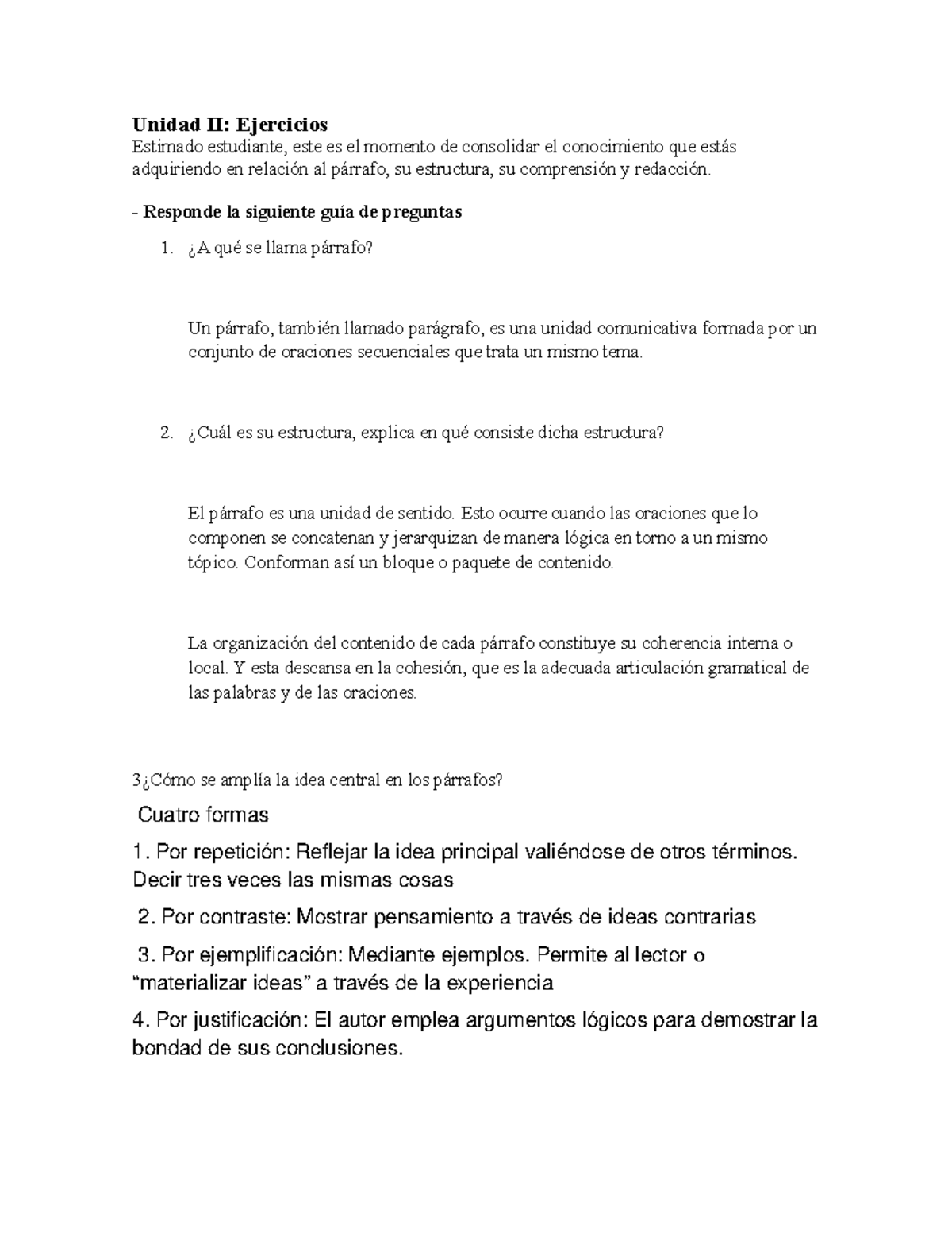 Ejercicios DEL Parrafo - Unidad II: Ejercicios Estimado estudiante ...