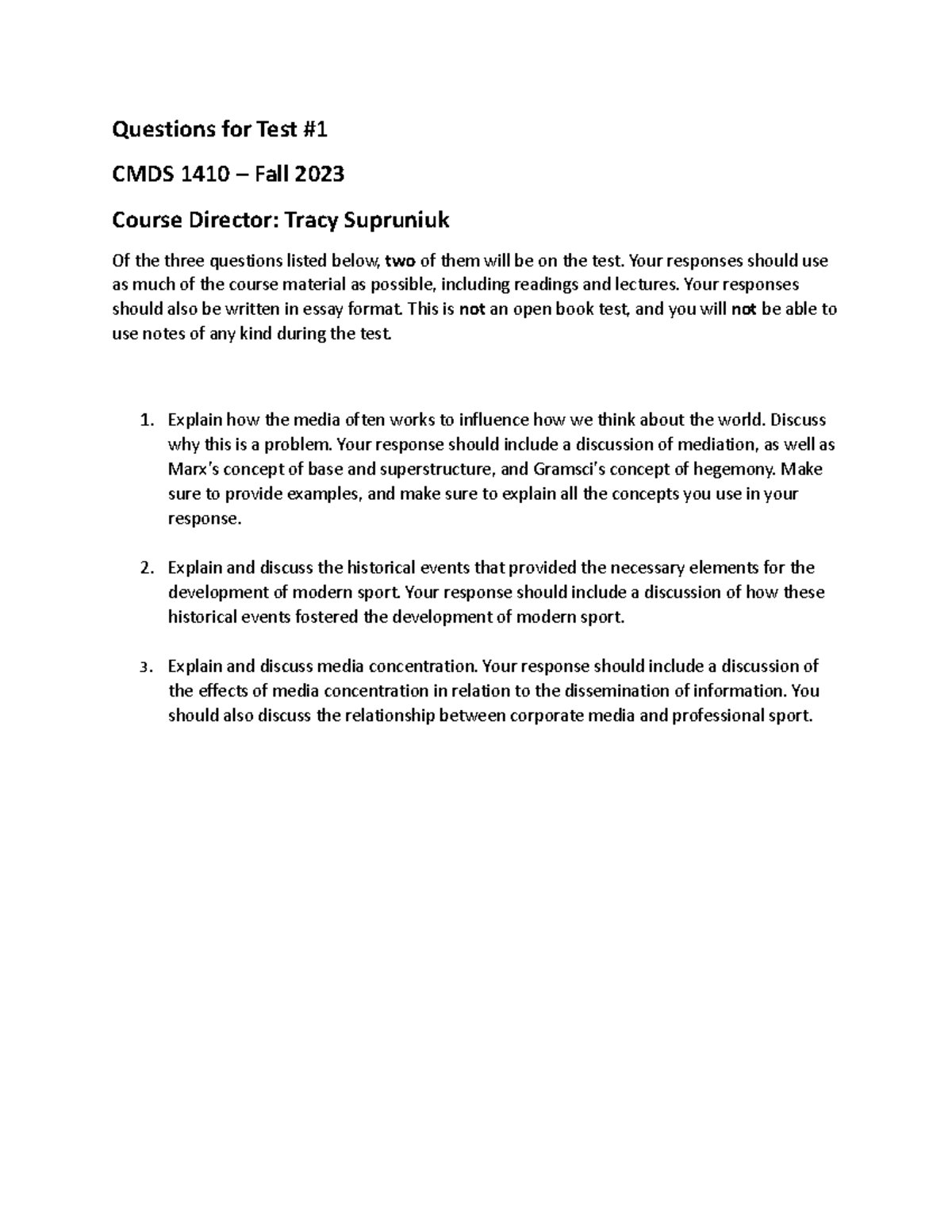 Test 1 possible questions - Questions for Test CMDS 1410 – Fall 2023 ...