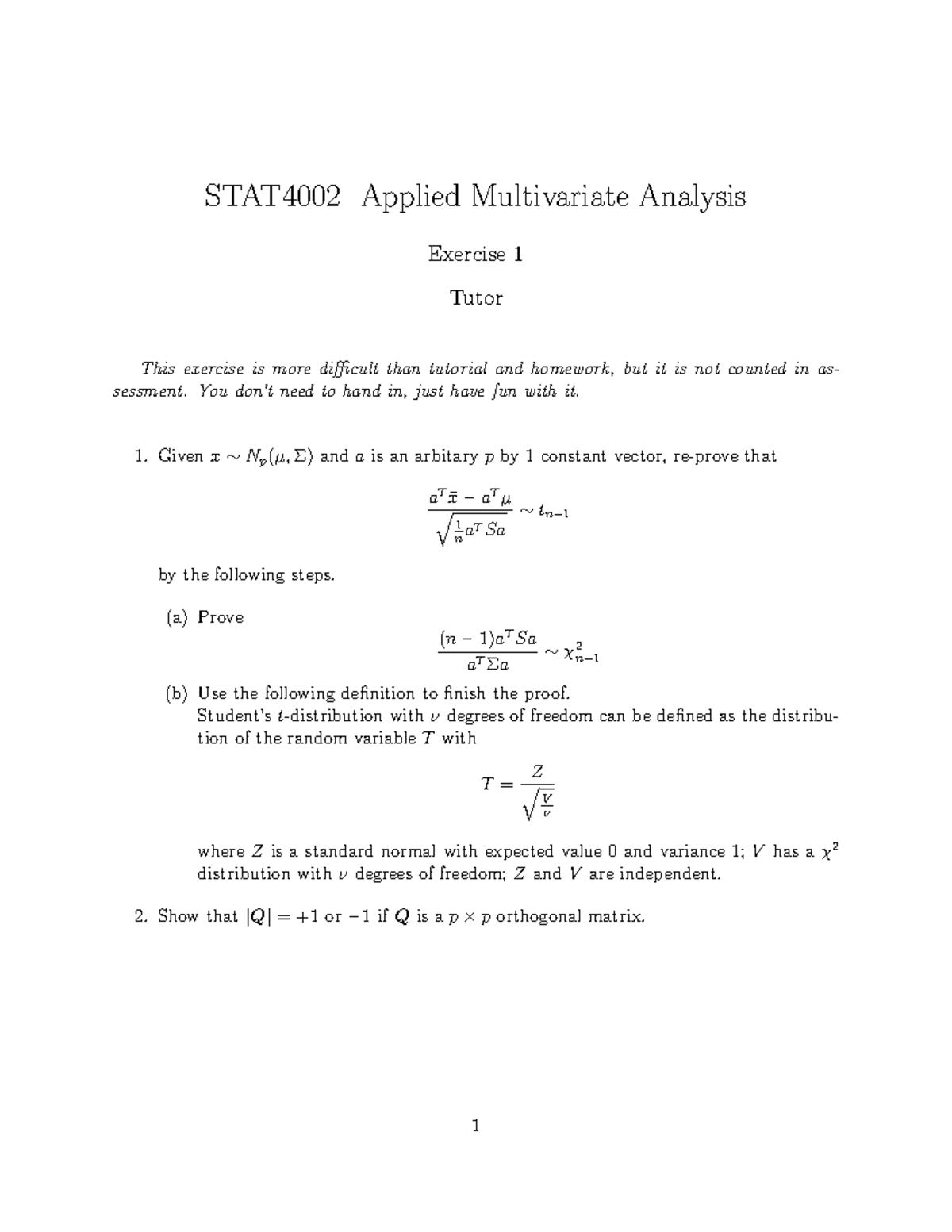 Exercise 1 Stat4002 Applied Multivariate Analysis Exercise 1 Tutor This Exercise Is More