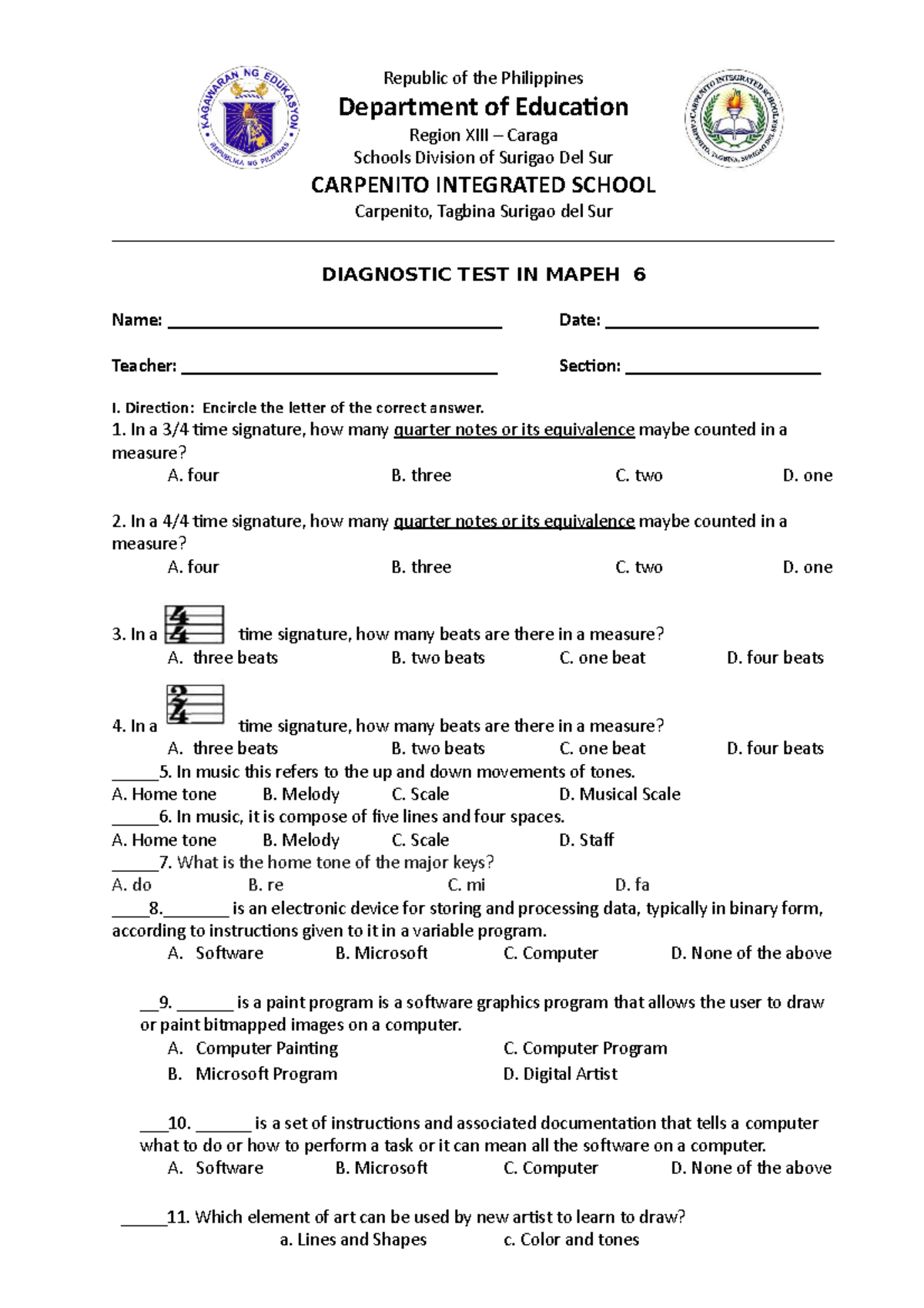 Diagnostic mapeh 6 - Republic of the Philippines Department of ...