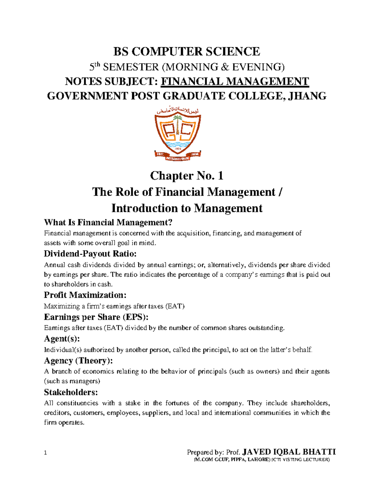 BS Computer Science Chapter No 1 The Rol - 1 Prepared by: Prof. JAVED IQBAL BHATTI BS COMPUTER ...